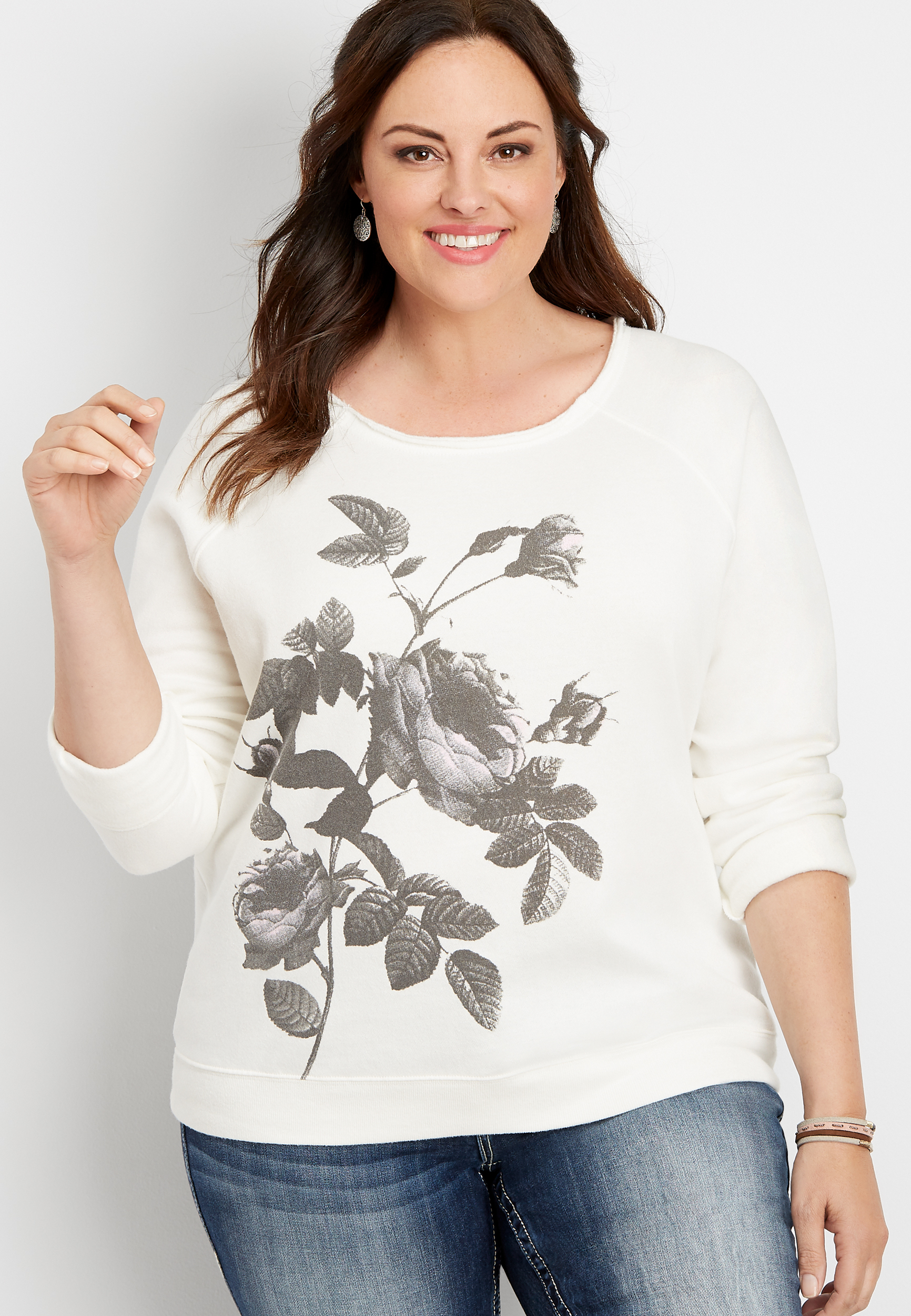 plus size floral raw edge neck pullover sweatshirt | maurices