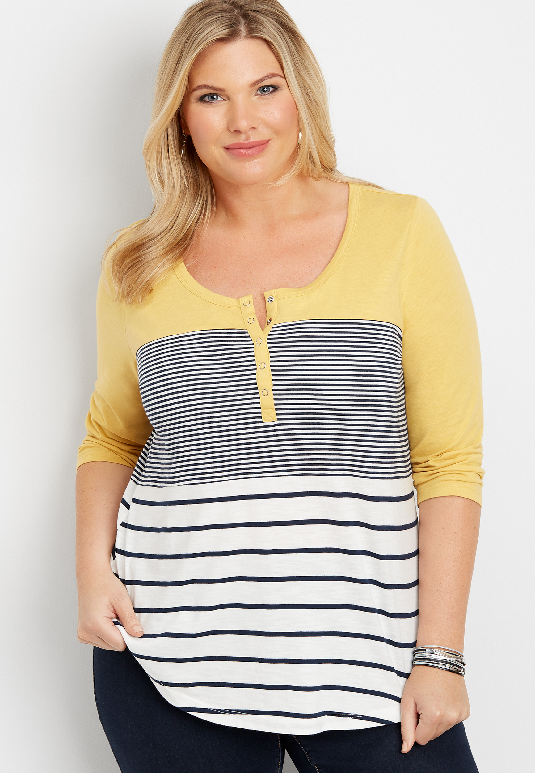 plus size 24/7 striped colorblock baseball tee | maurices