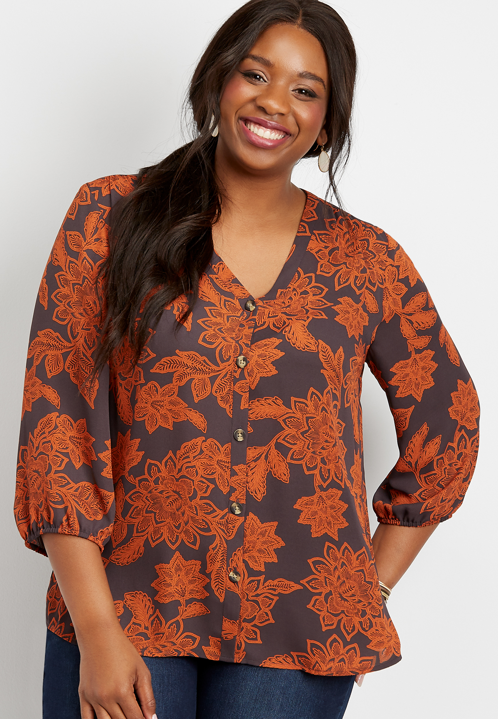 Plus Size Floral Button Down Blouse Maurices