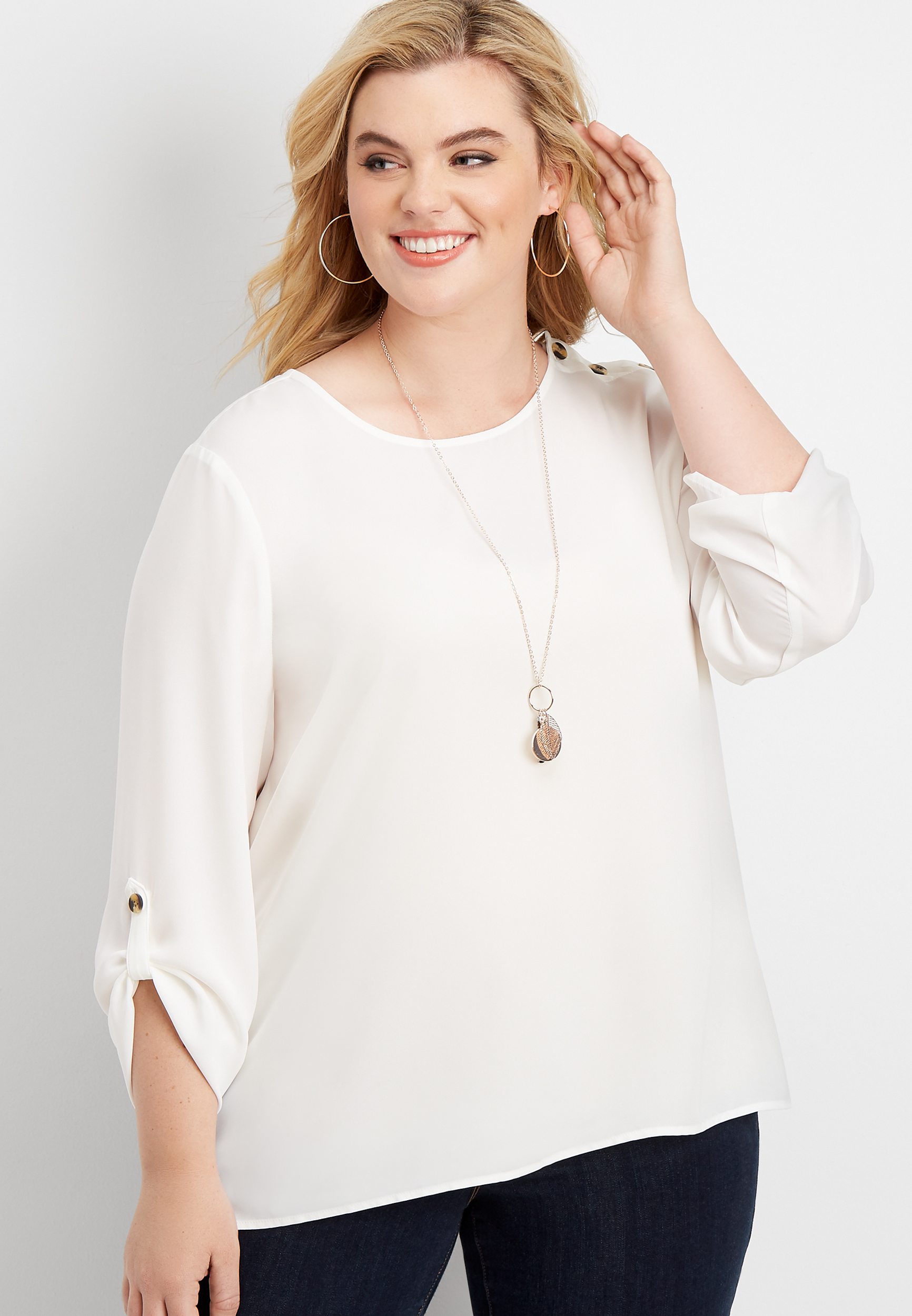 Plus Size Solid Button Shoulder Blouse Maurices