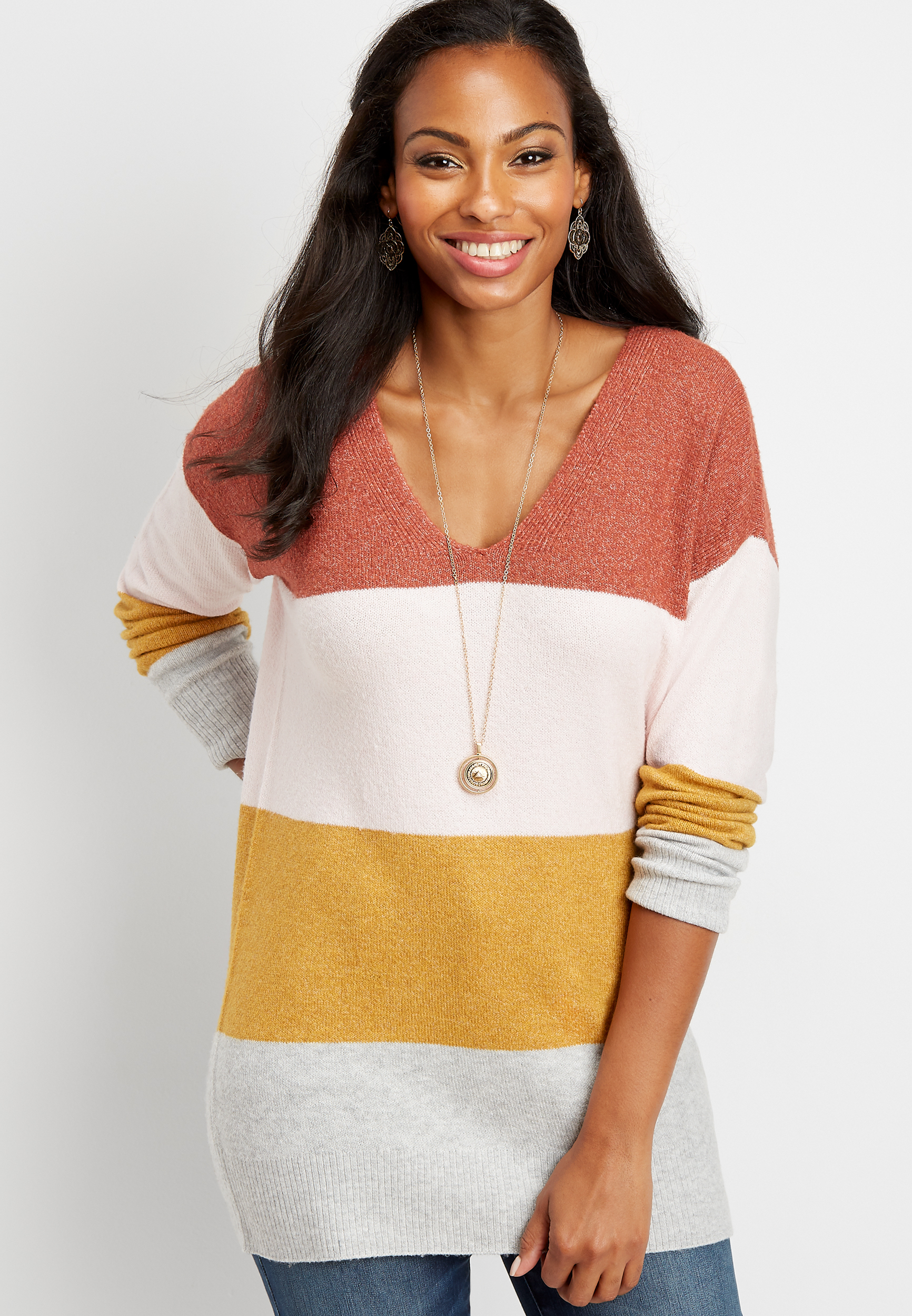 colorblock stripe bar back tunic sweater | maurices