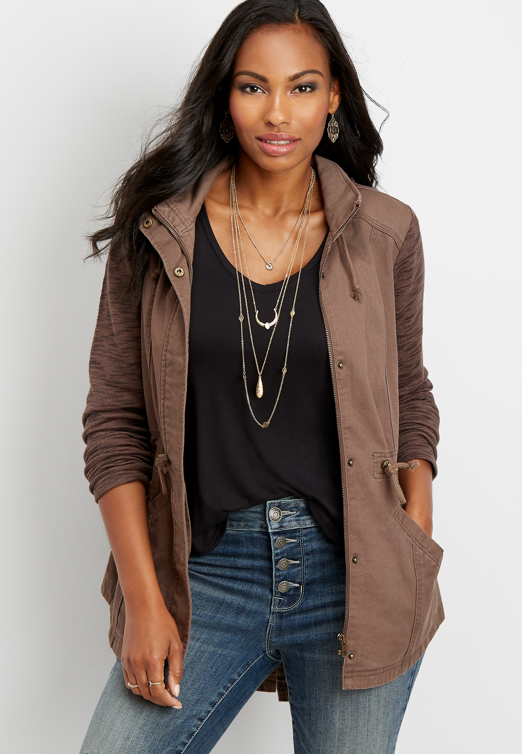 knit sleeve hooded anorak jacket | maurices
