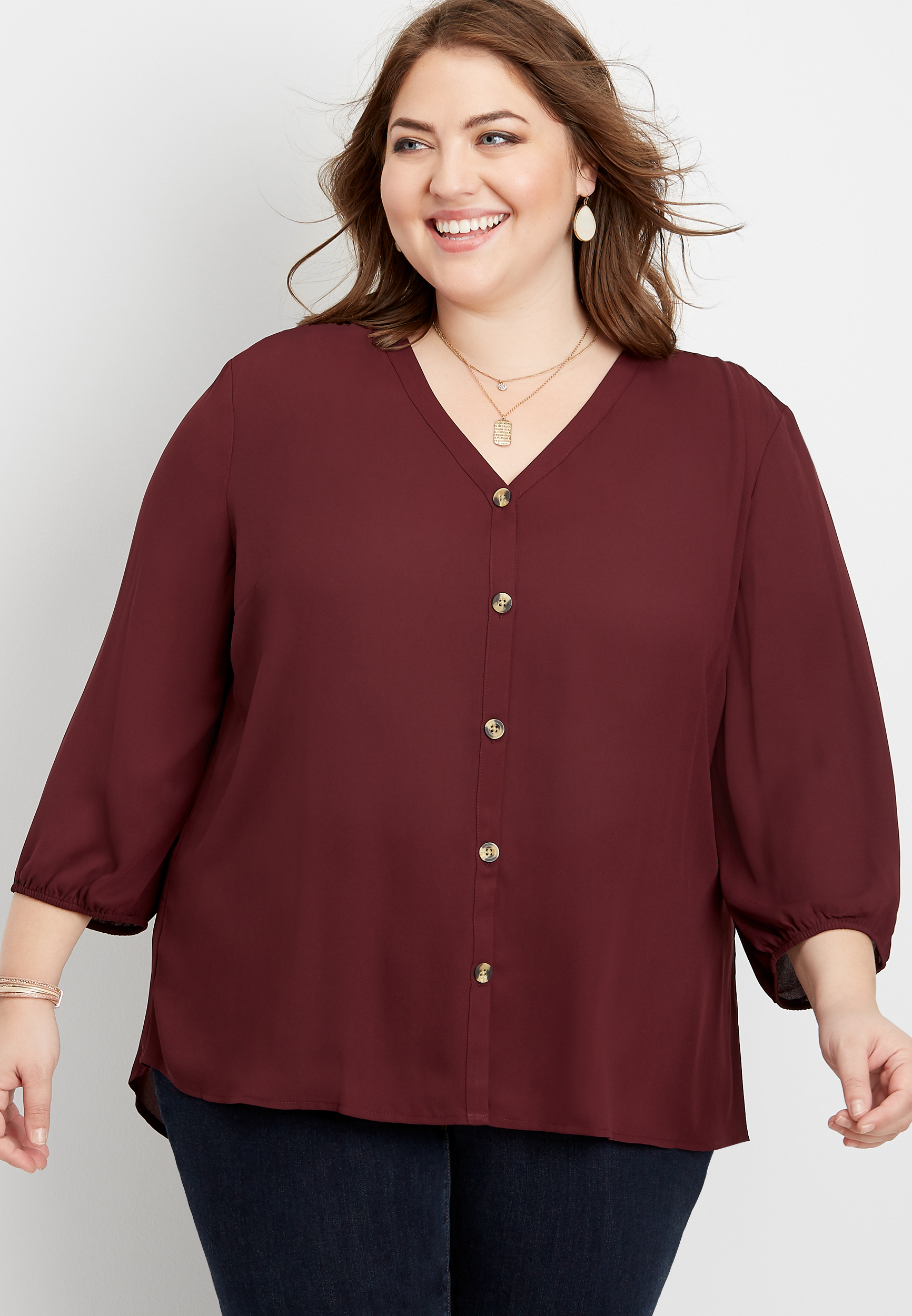 Plus Size Solid Button Down Blouse Maurices