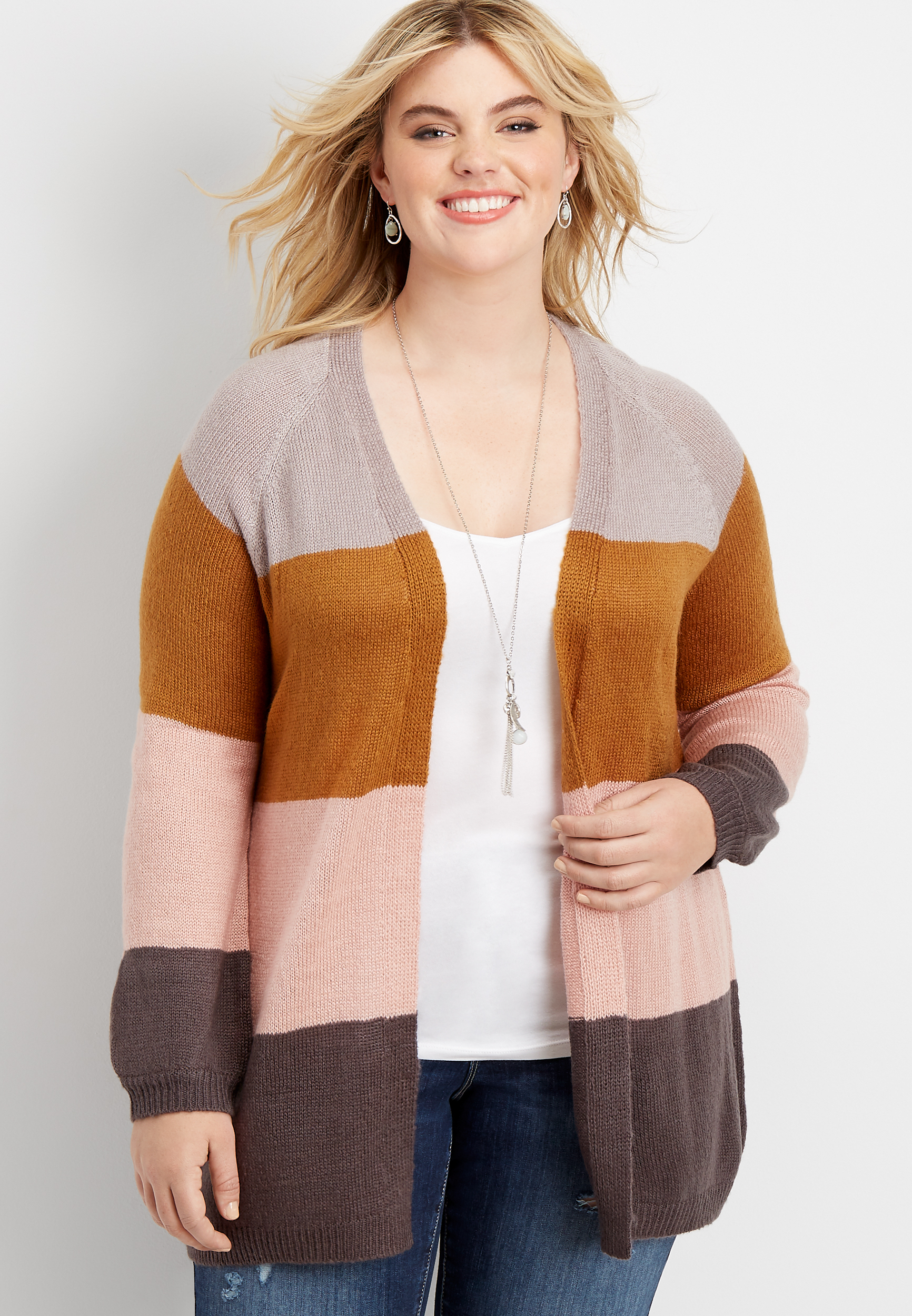 plus size colorblock stripe open front cardigan | maurices