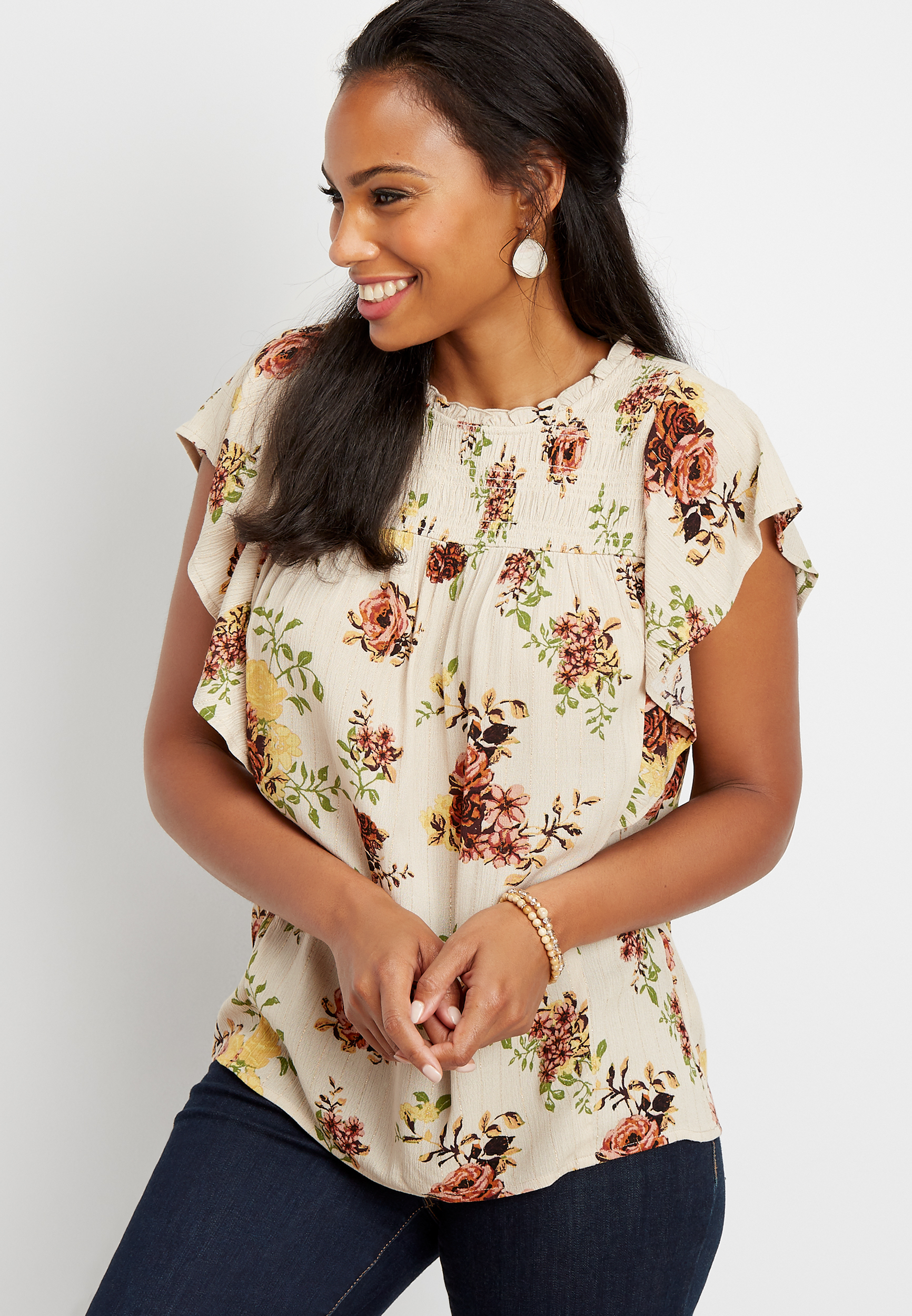 Metallic Floral Smocked Top Maurices