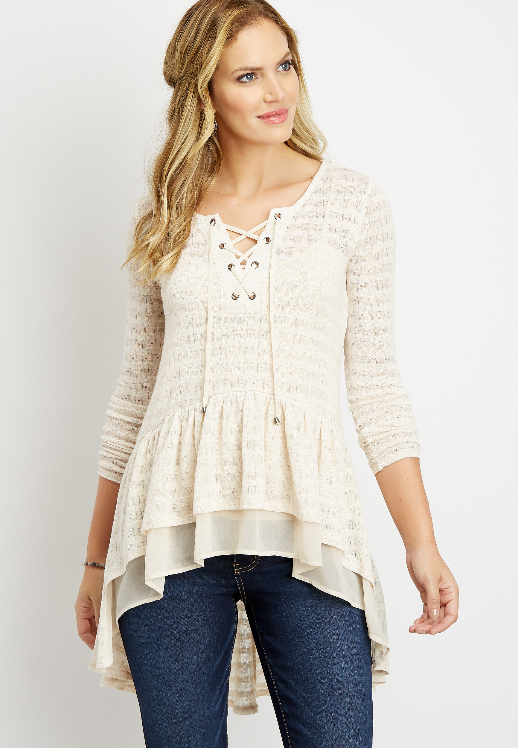 pointelle high low lace up duster top | maurices