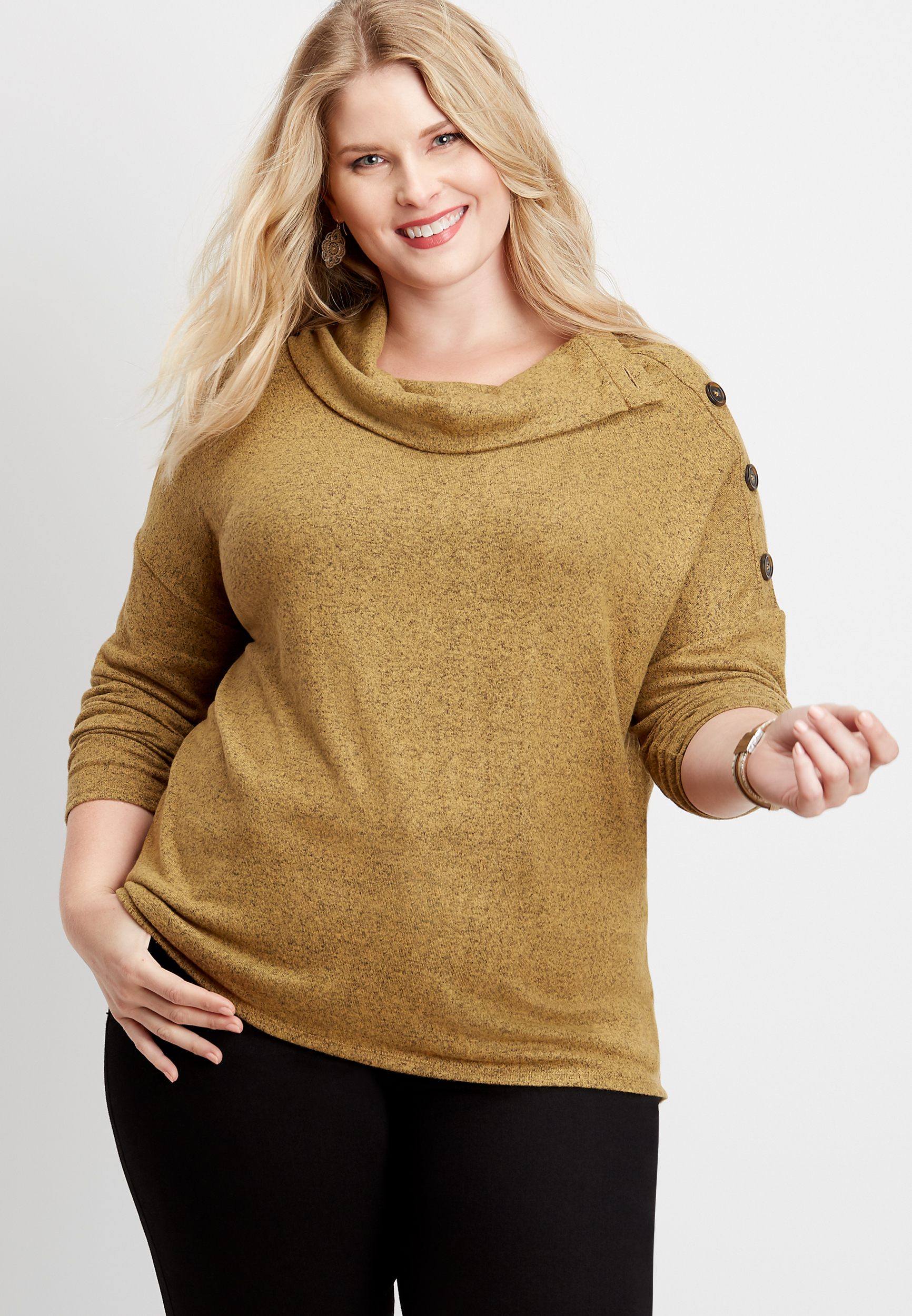 plus size 24/7 solid button cowl neck pullover | maurices