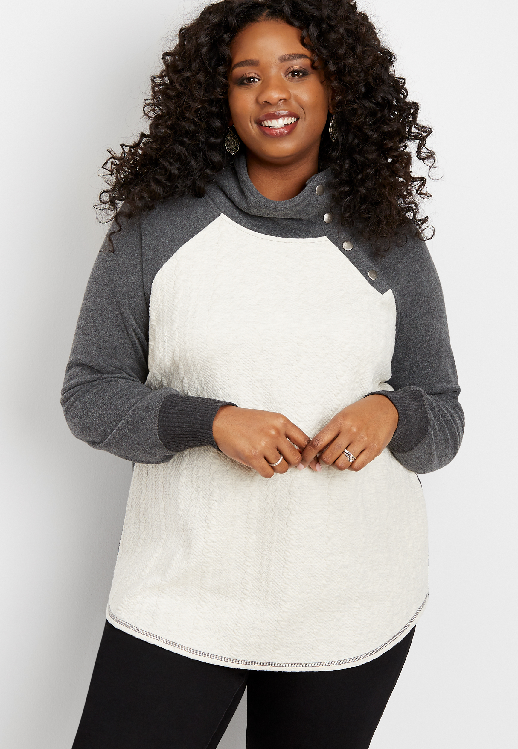 plus size asymmetrical snap neck quilted front pullover | maurices