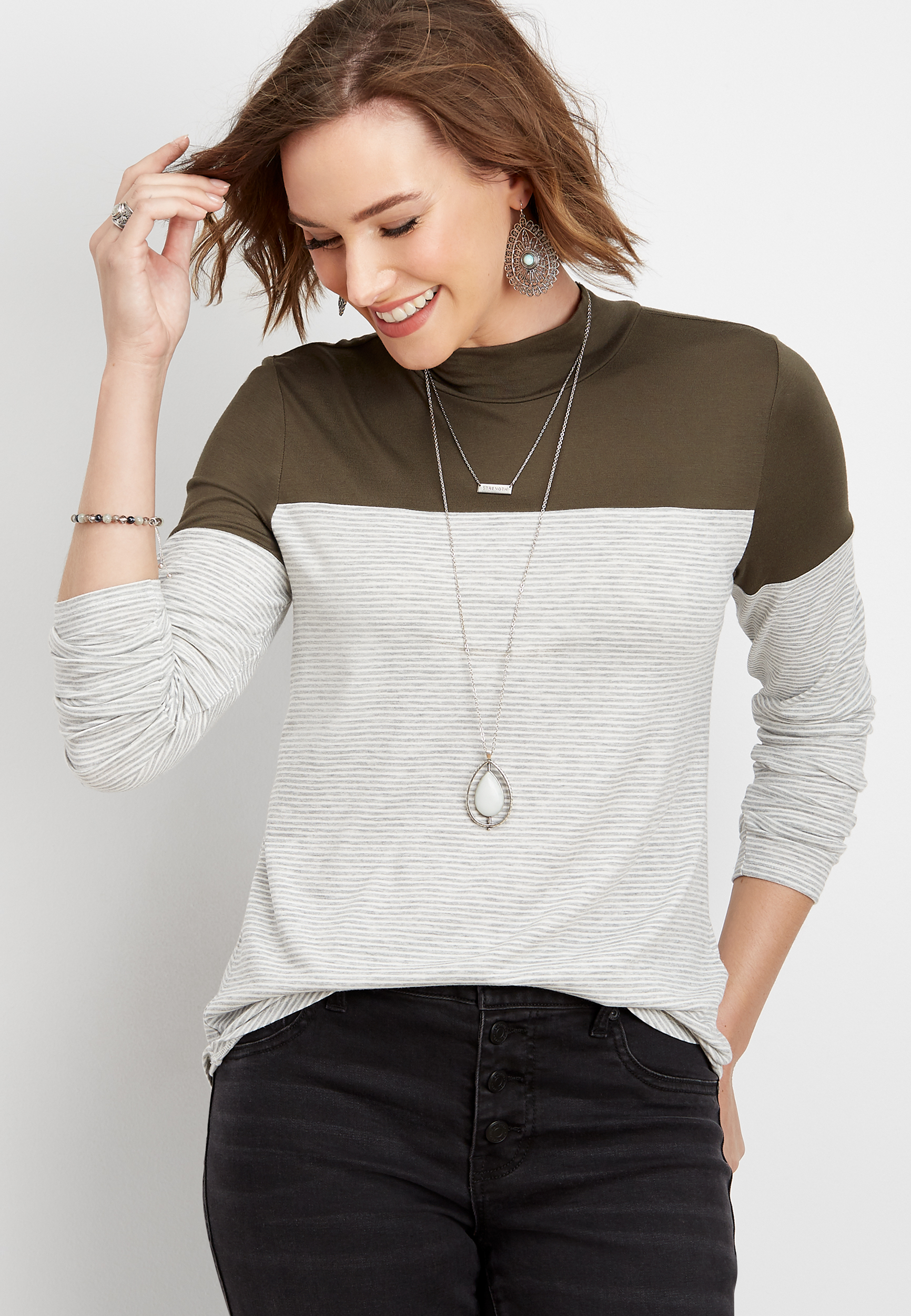 24/7 stripe mock neck long sleeve tee | maurices