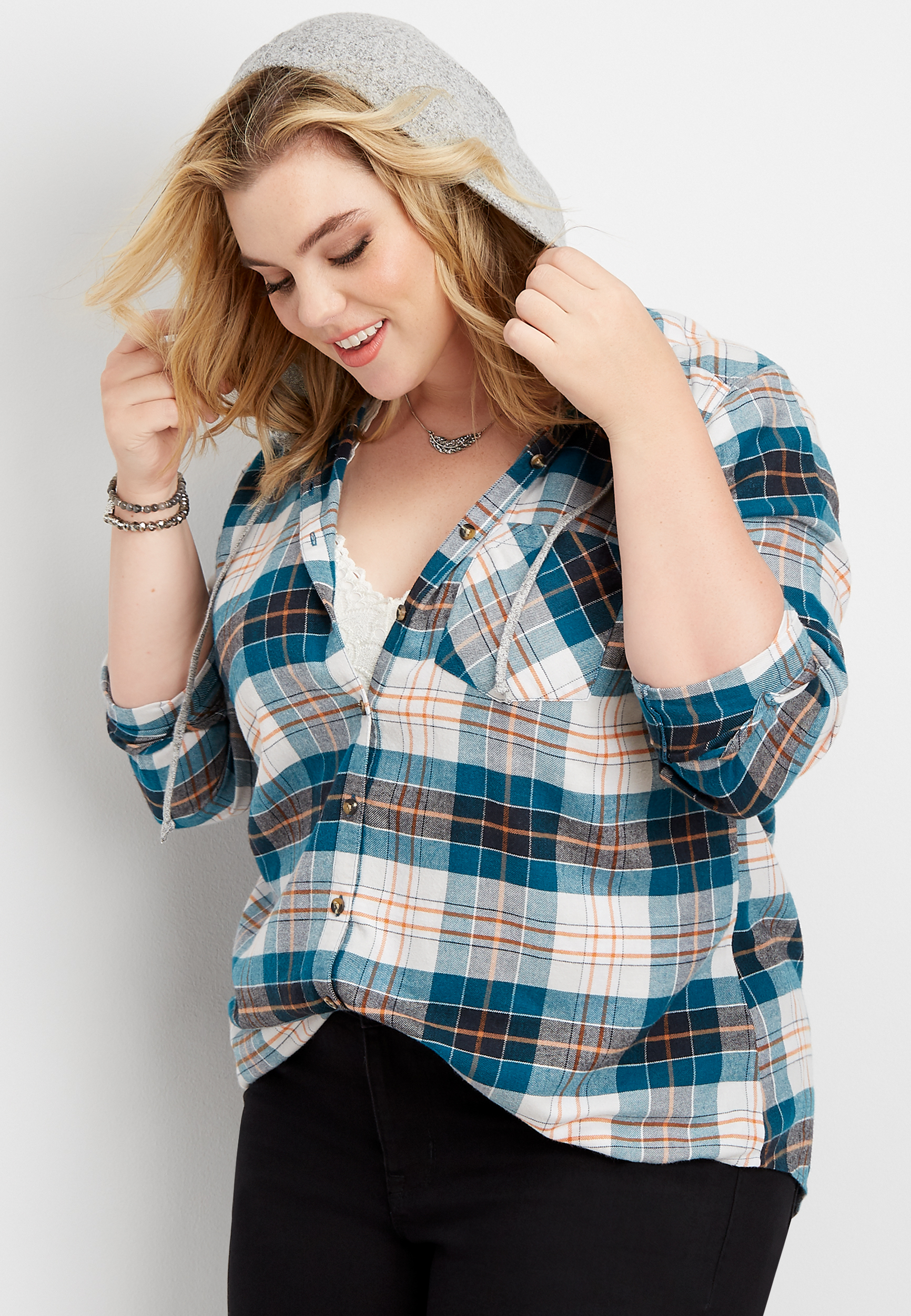 plus size hooded plaid button down tunic shirt | maurices
