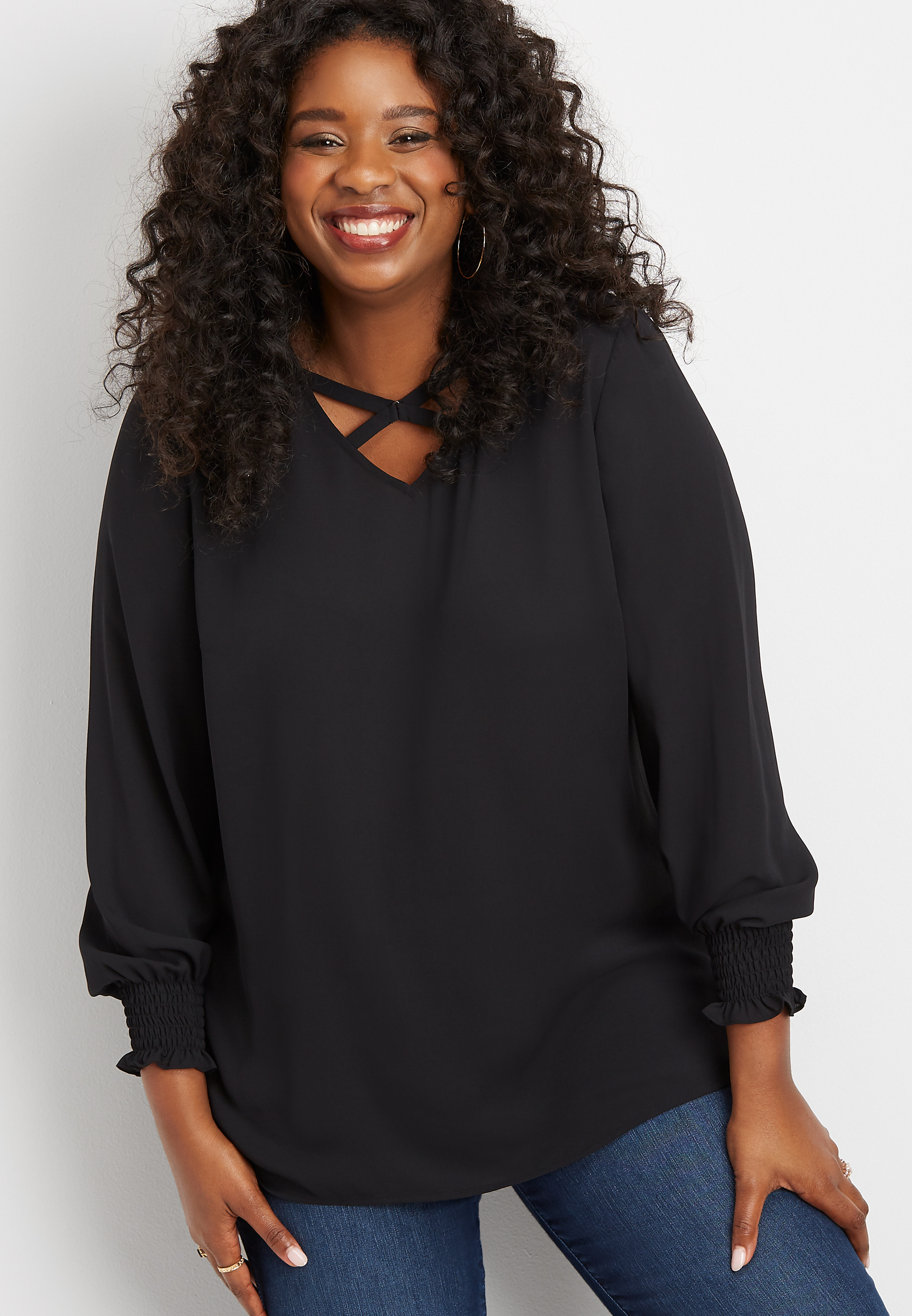plus size solid strappy neck tunic blouse | maurices