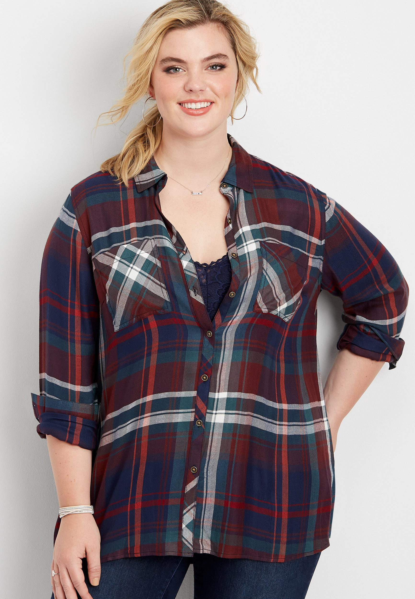 plus size plaid button down tunic shirt | maurices