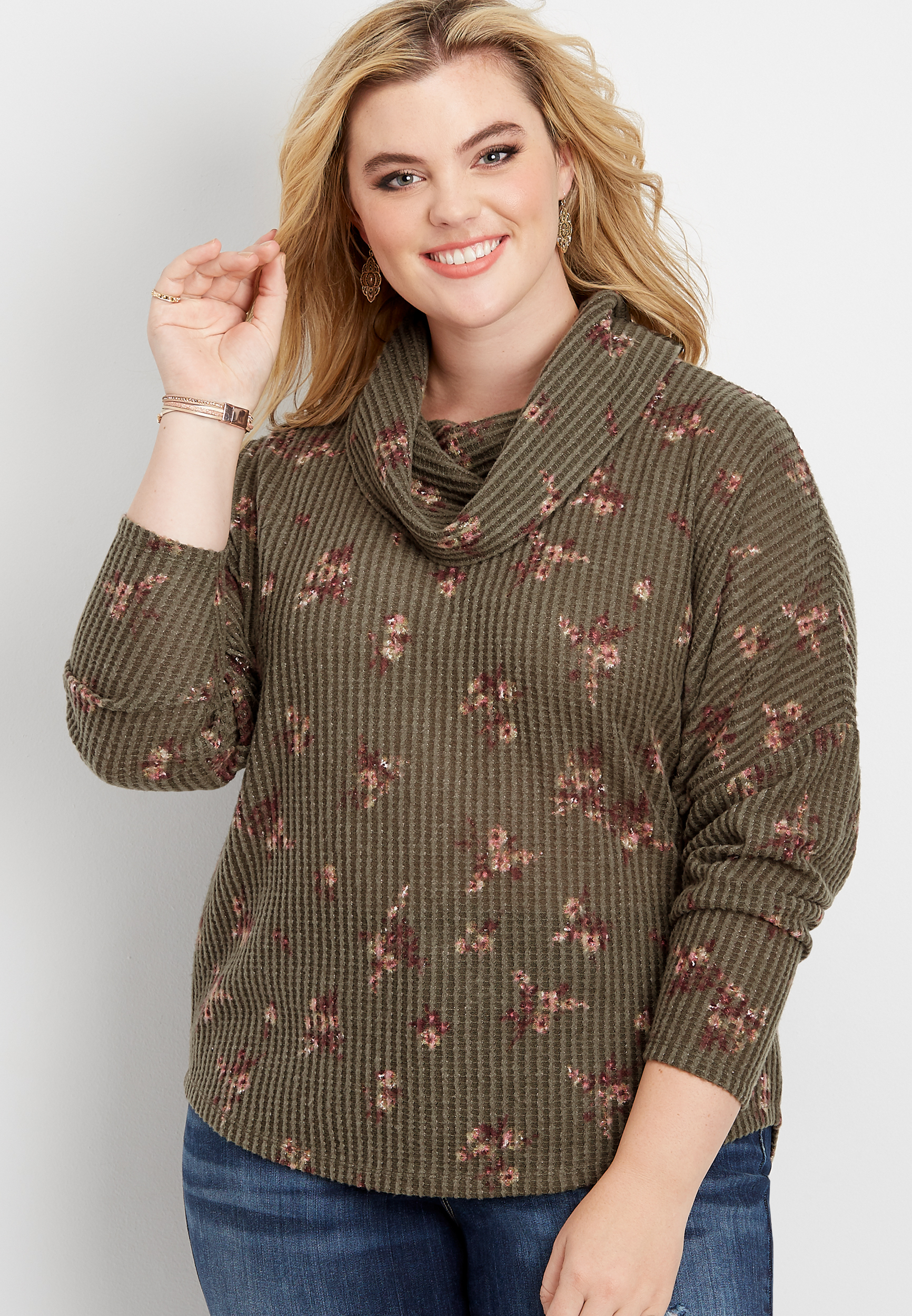 plus size ditsy floral lace up back cowl neck pullover | maurices