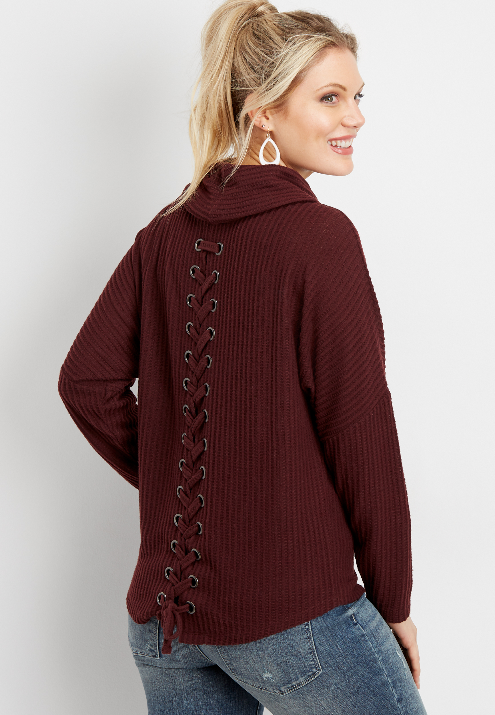 Solid Lace Up Back Cowl Neck Pullover Maurices