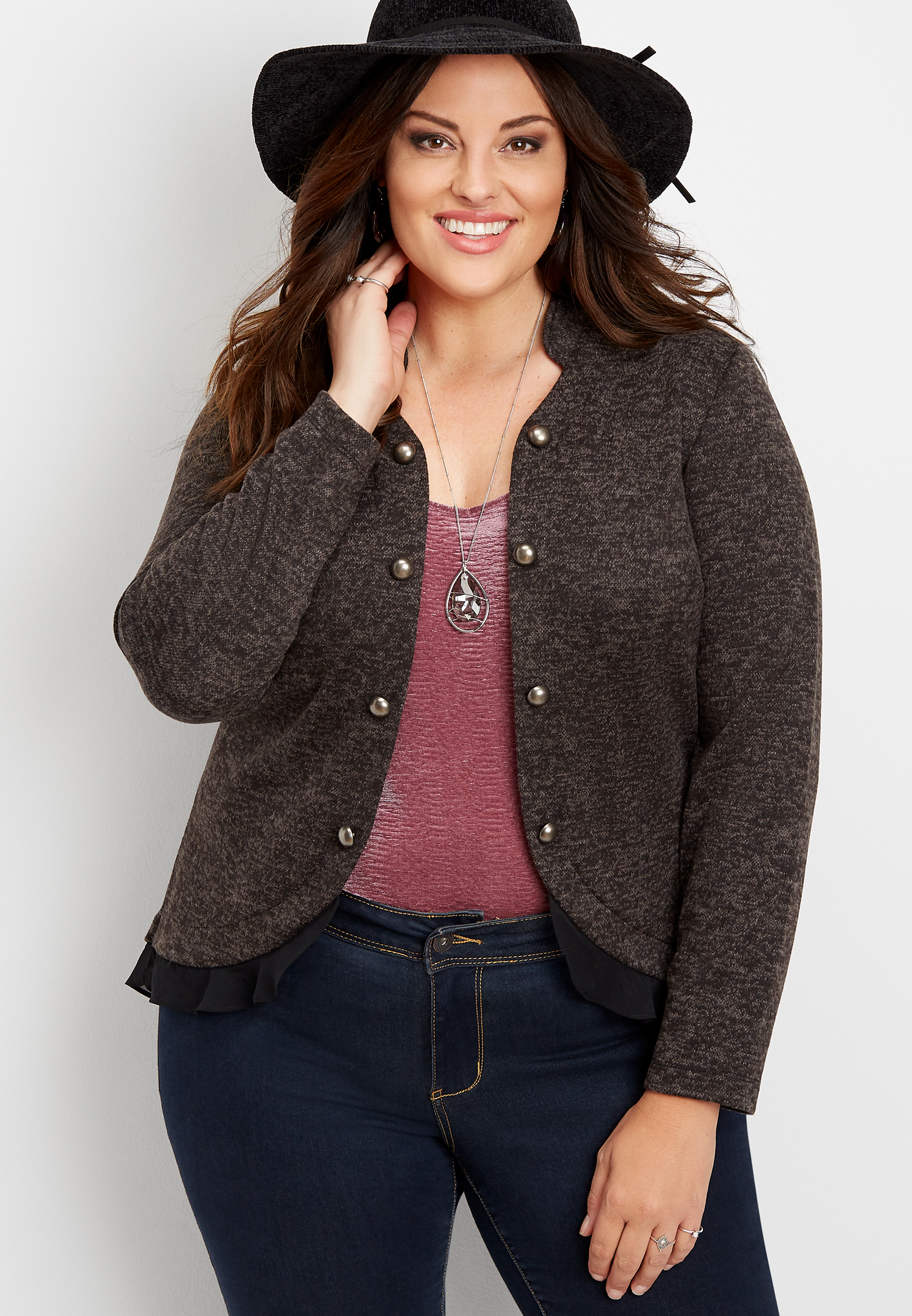 plus size ruffle trim open front military cardigan | maurices
