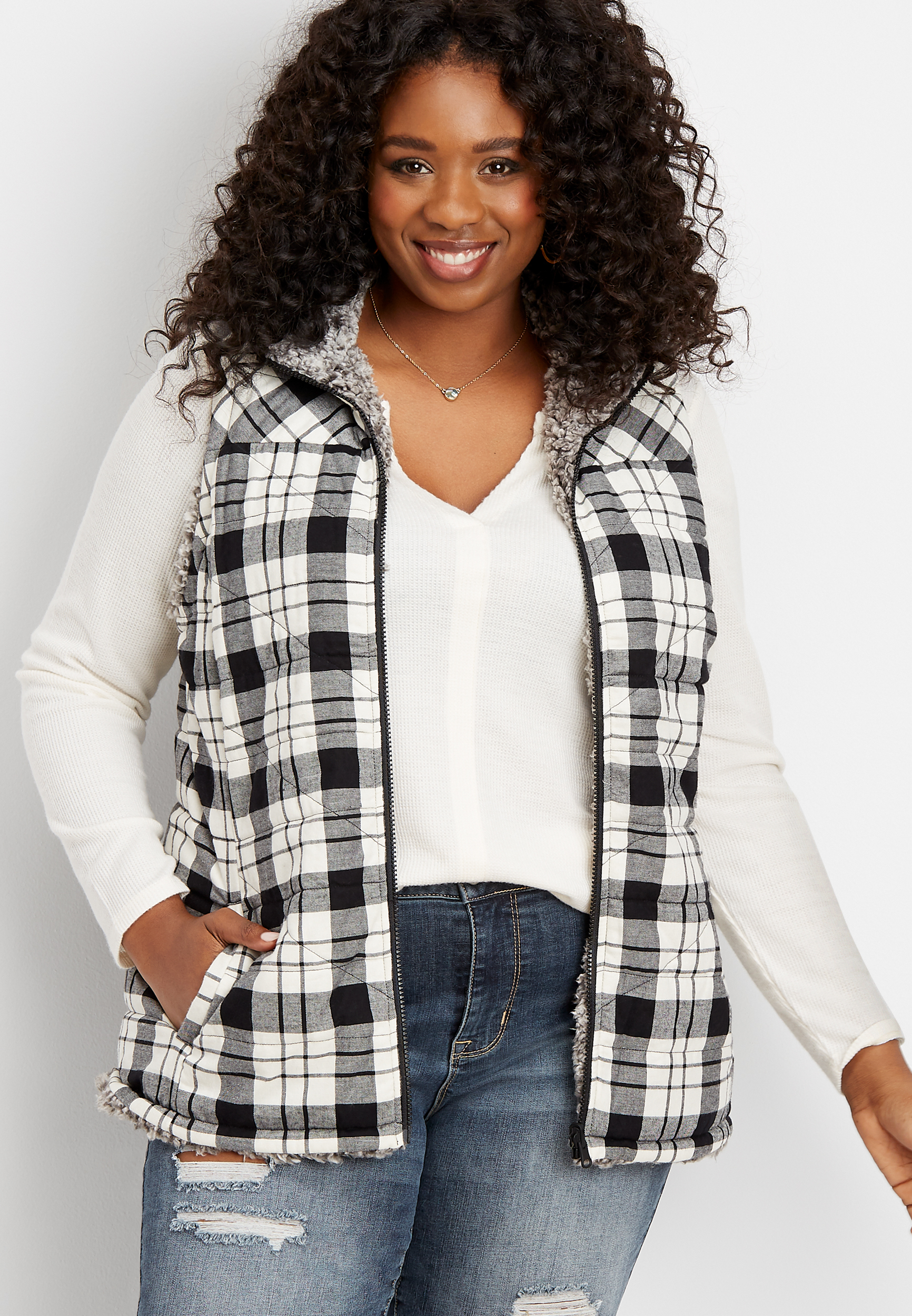 plus size reversible plaid puffer vest | maurices