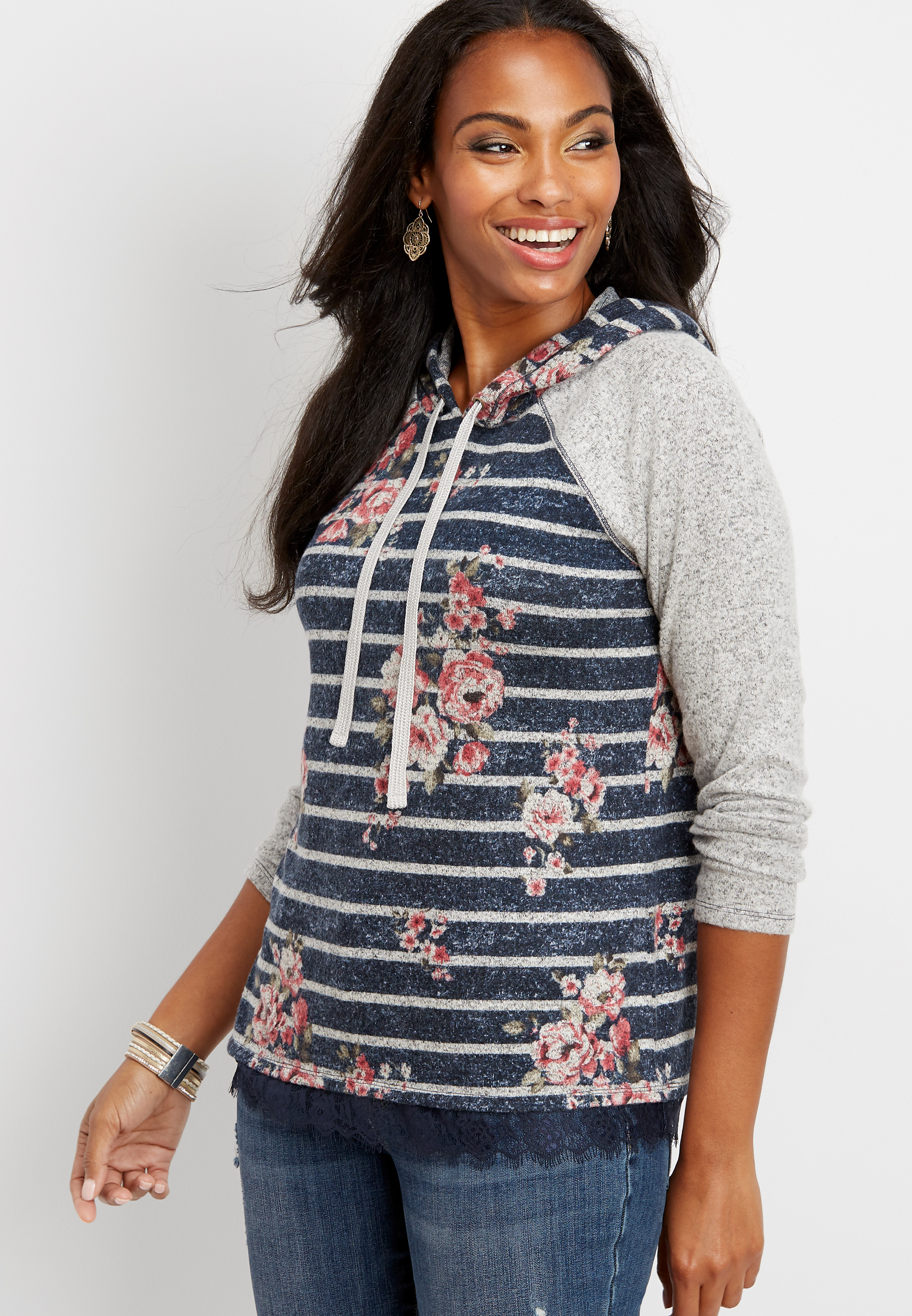 brushed floral stripe hoodie | maurices