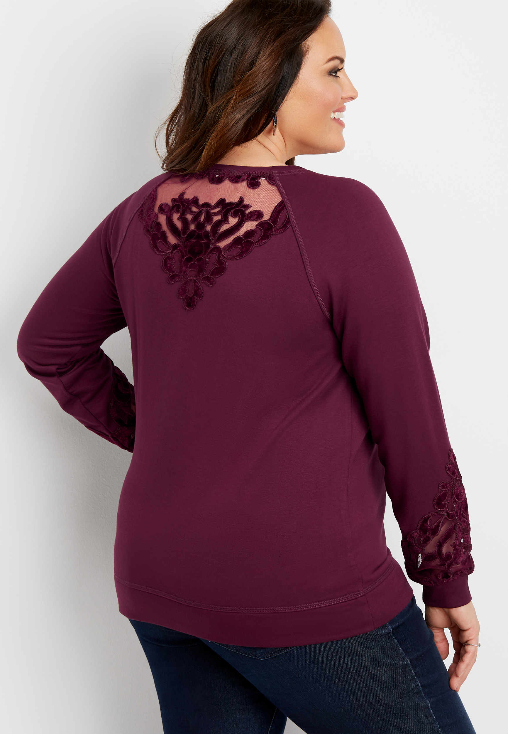 plus size velvet crochet sleeve pullover | maurices