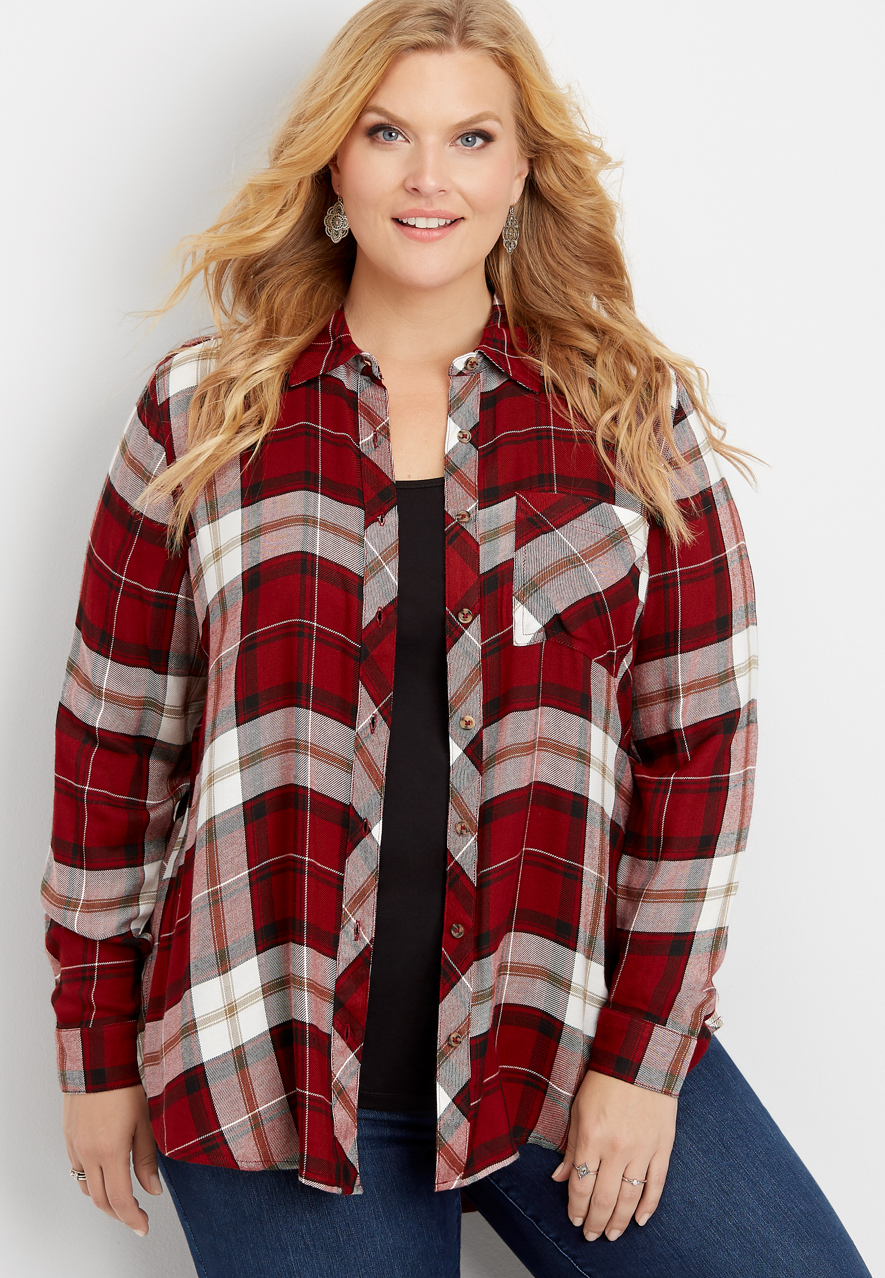 plus size plaid lace up tunic button down shirt | maurices