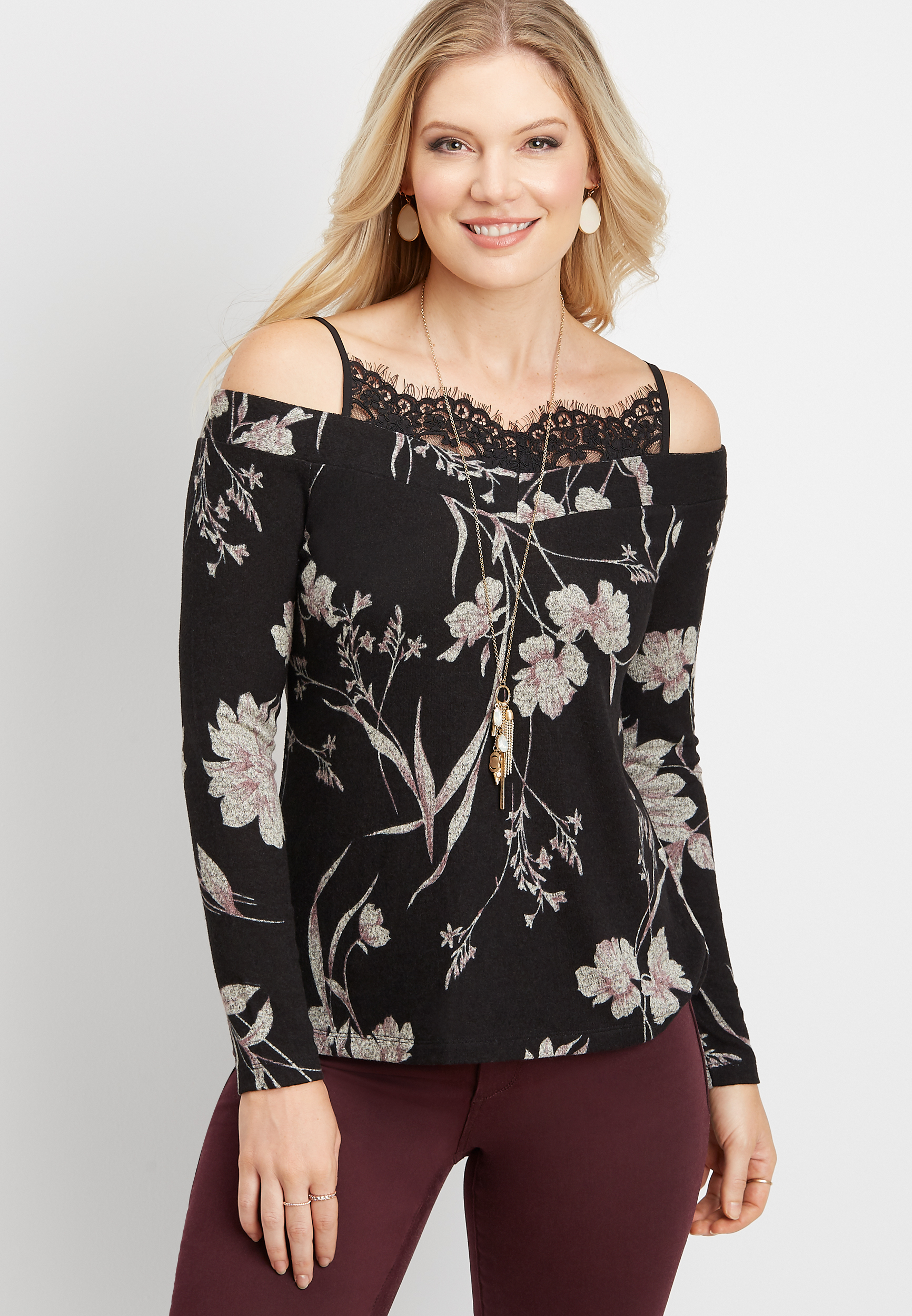 floral lace inset cold shoulder top | maurices