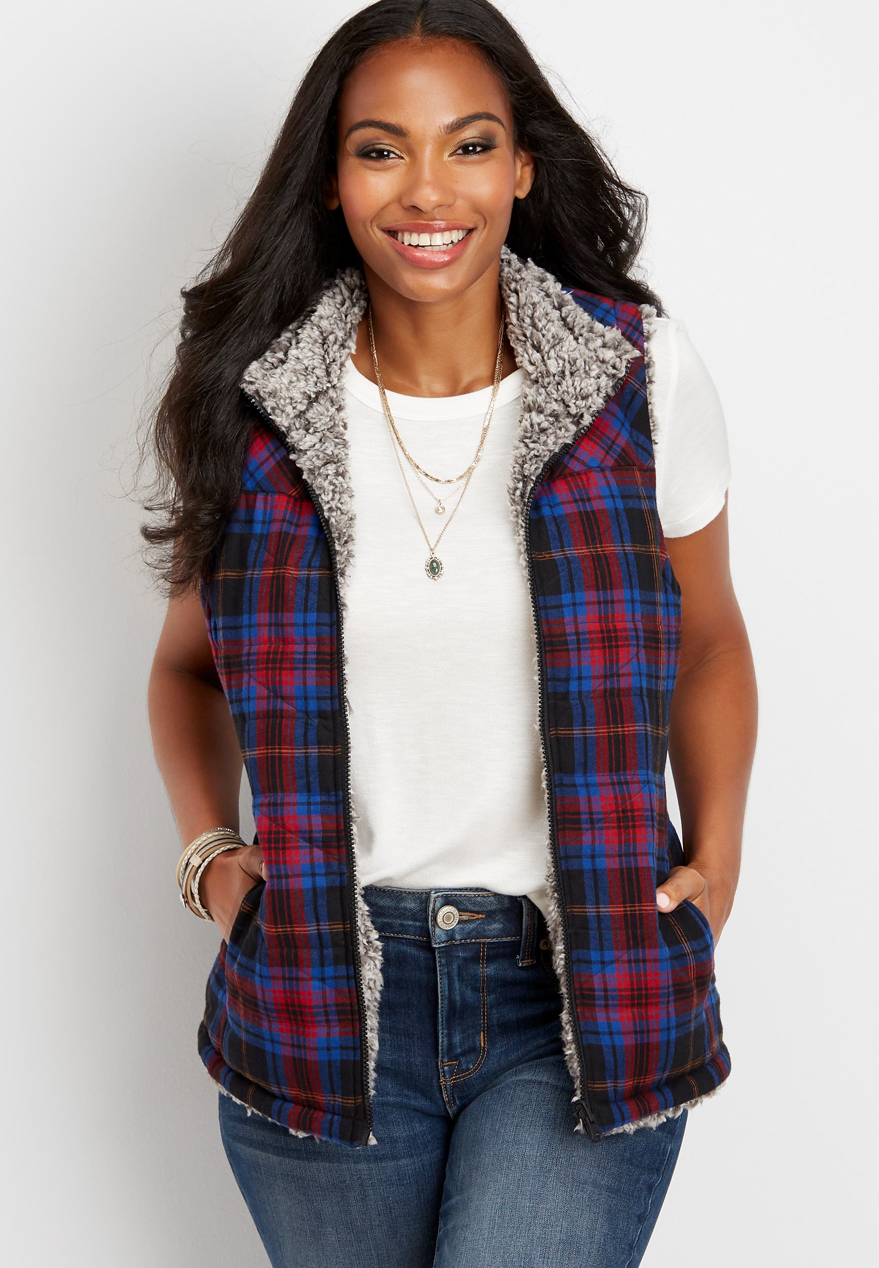 reversible plaid sherpa vest | maurices