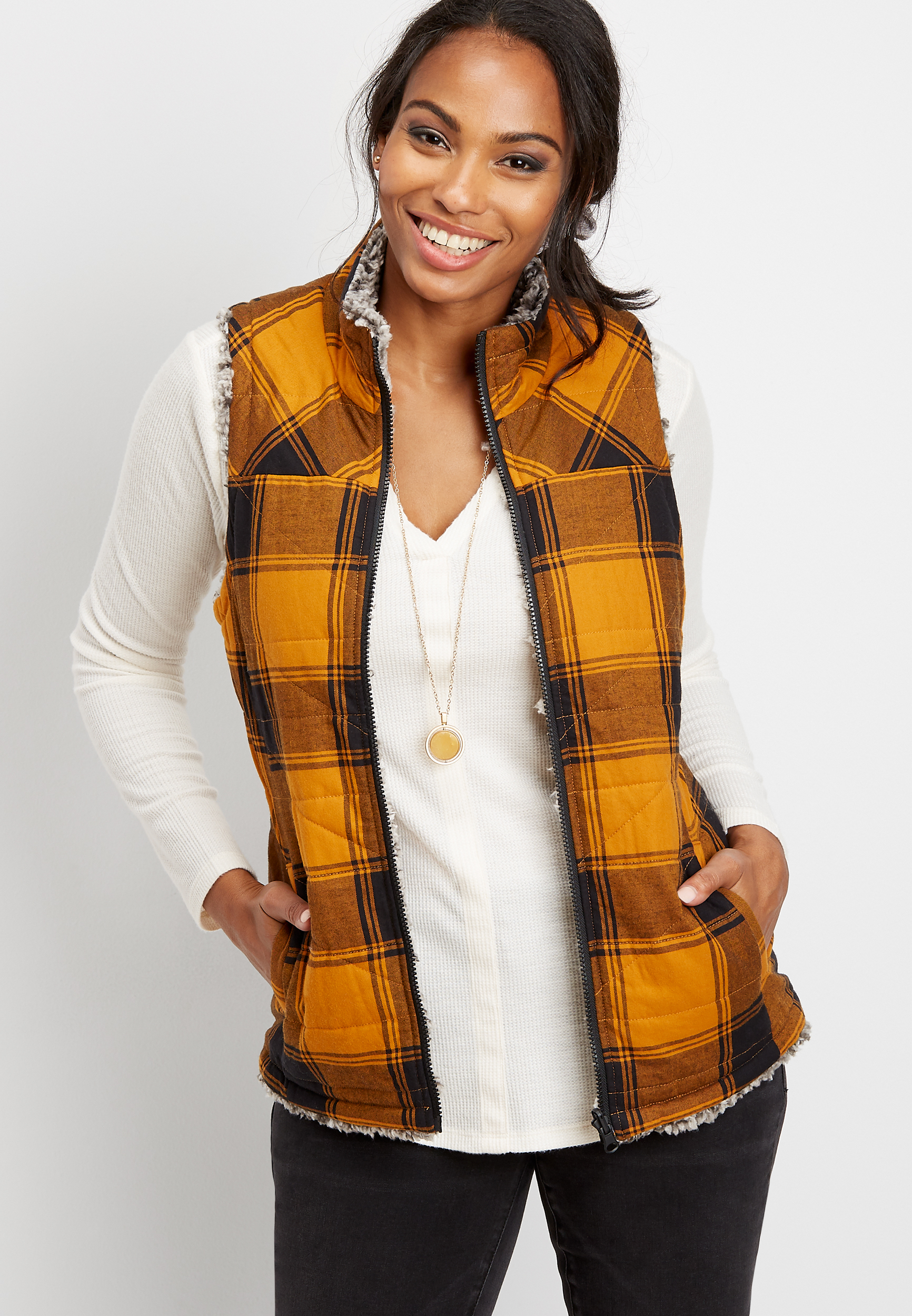 reversible plaid sherpa vest | maurices