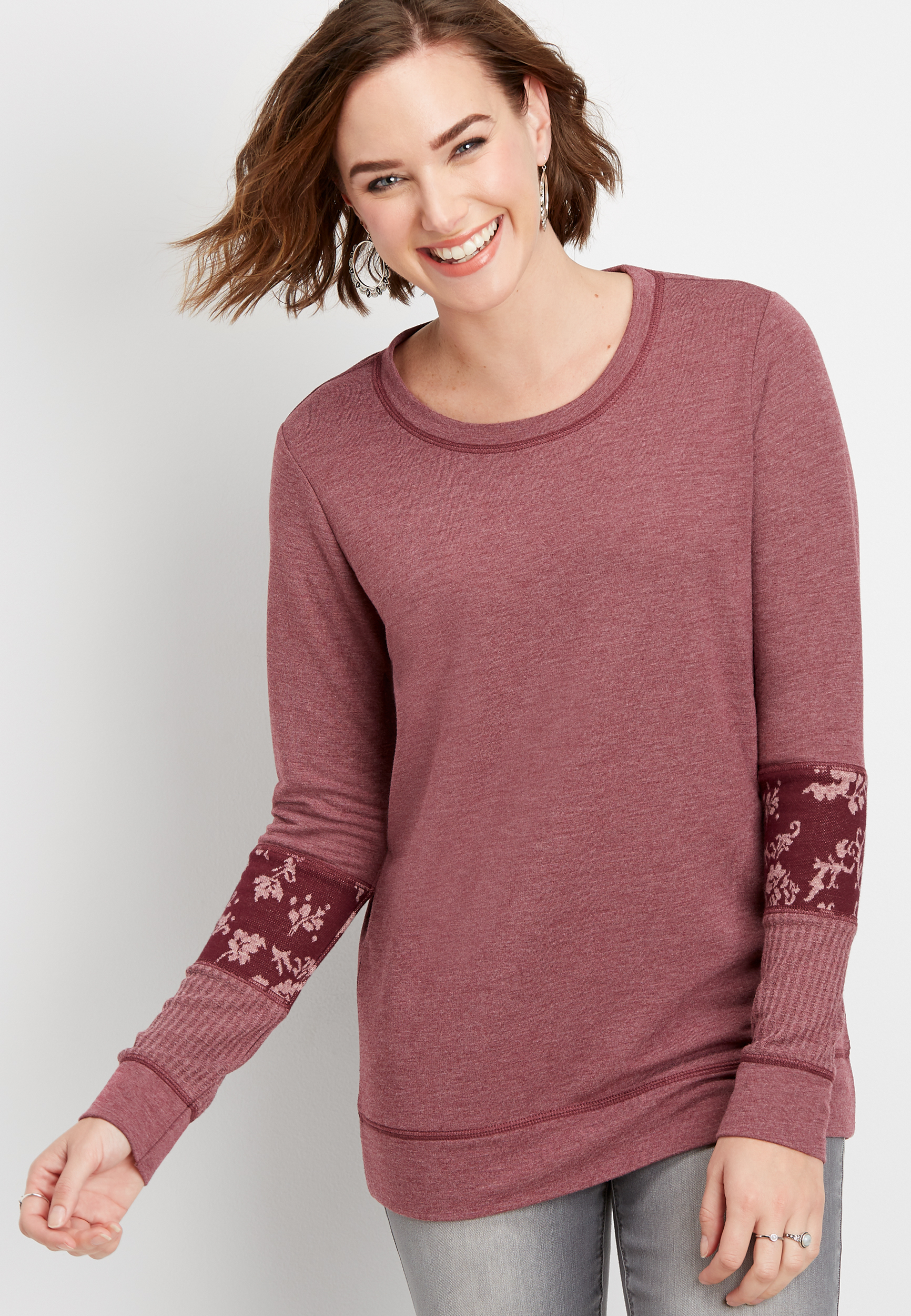 solid jacquard sleeve pullover | maurices