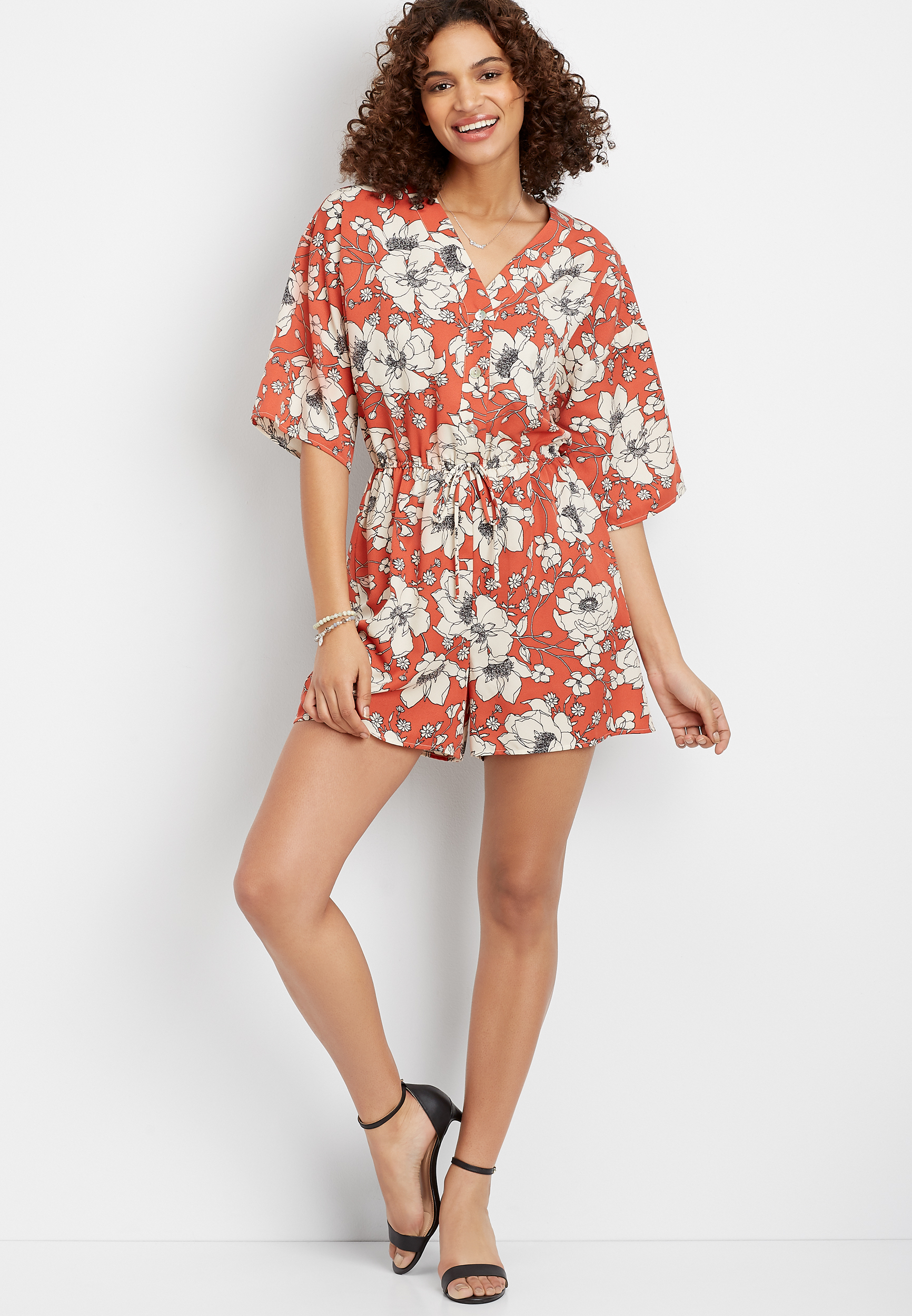 Floral Draw Cord Romper | maurices
