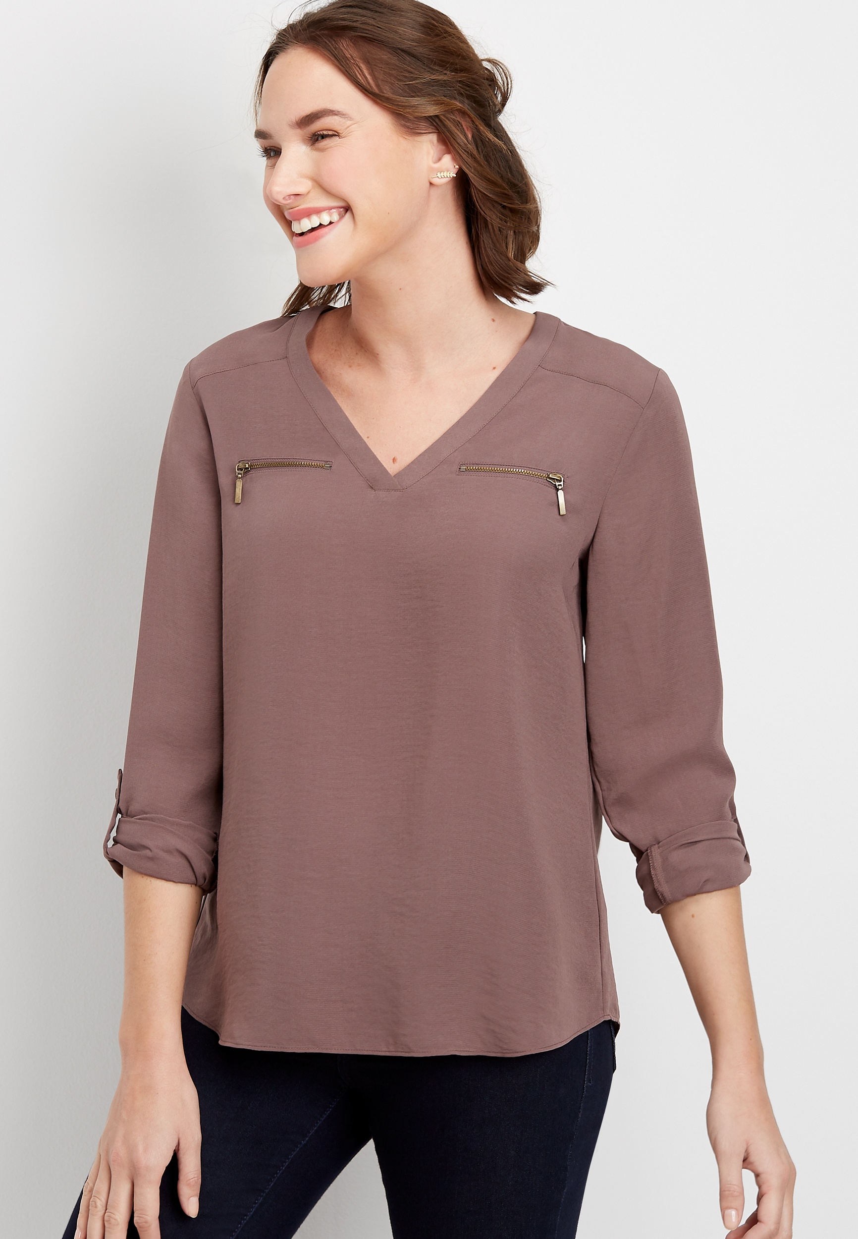 Solid Zipper Blouse | maurices