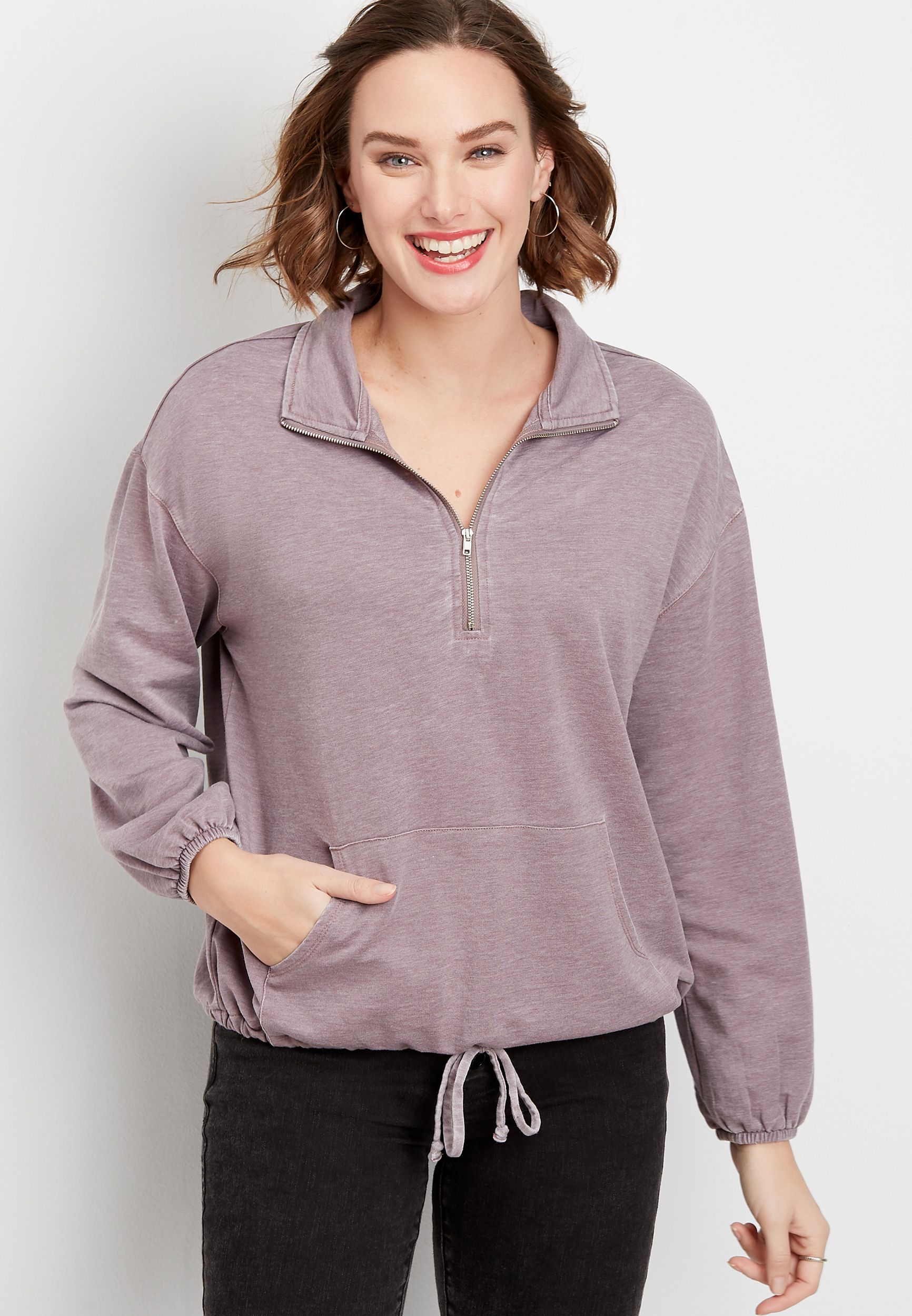 Solid Cinched Hem Pullover | maurices