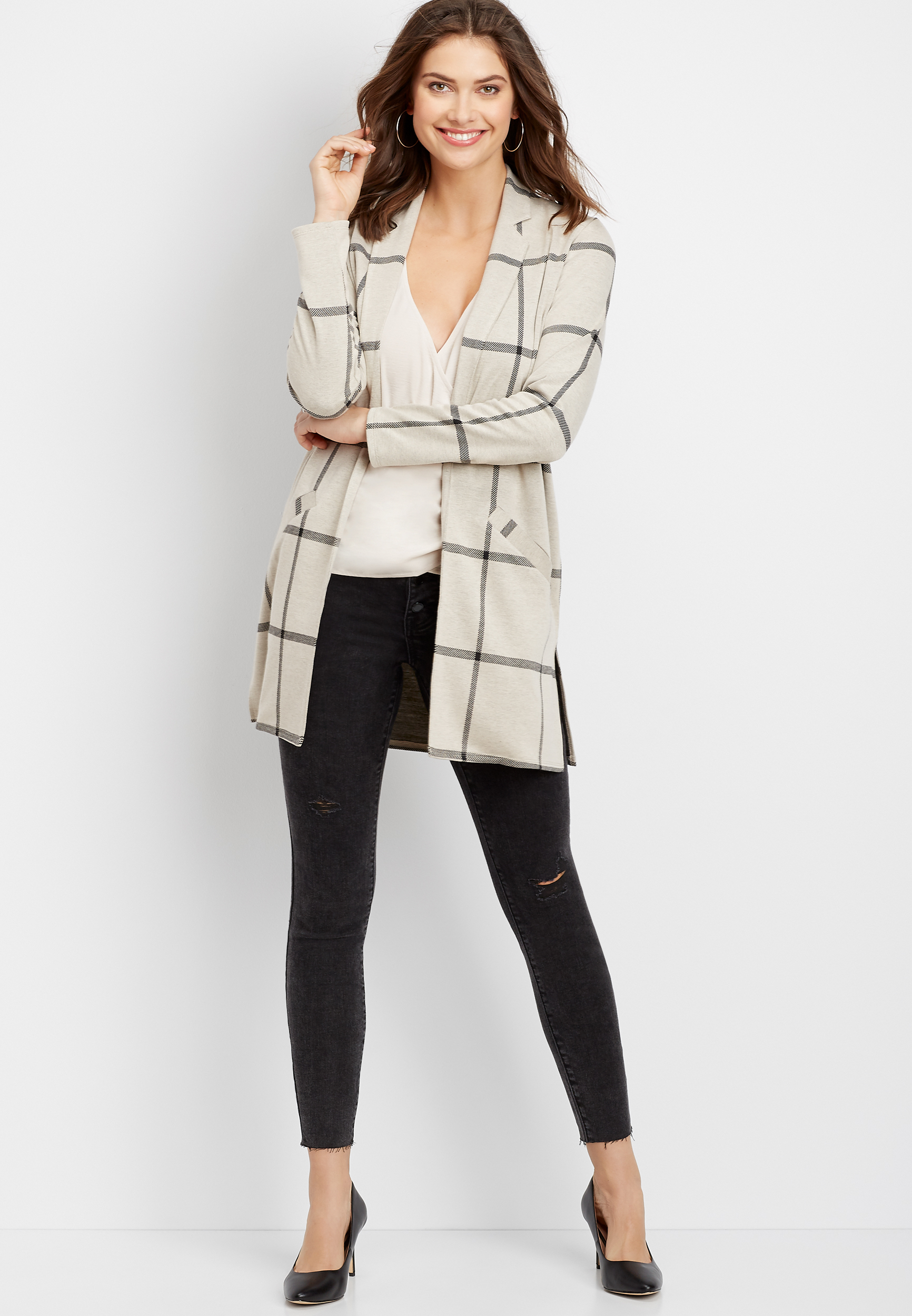 plaid open front duster blazer | maurices