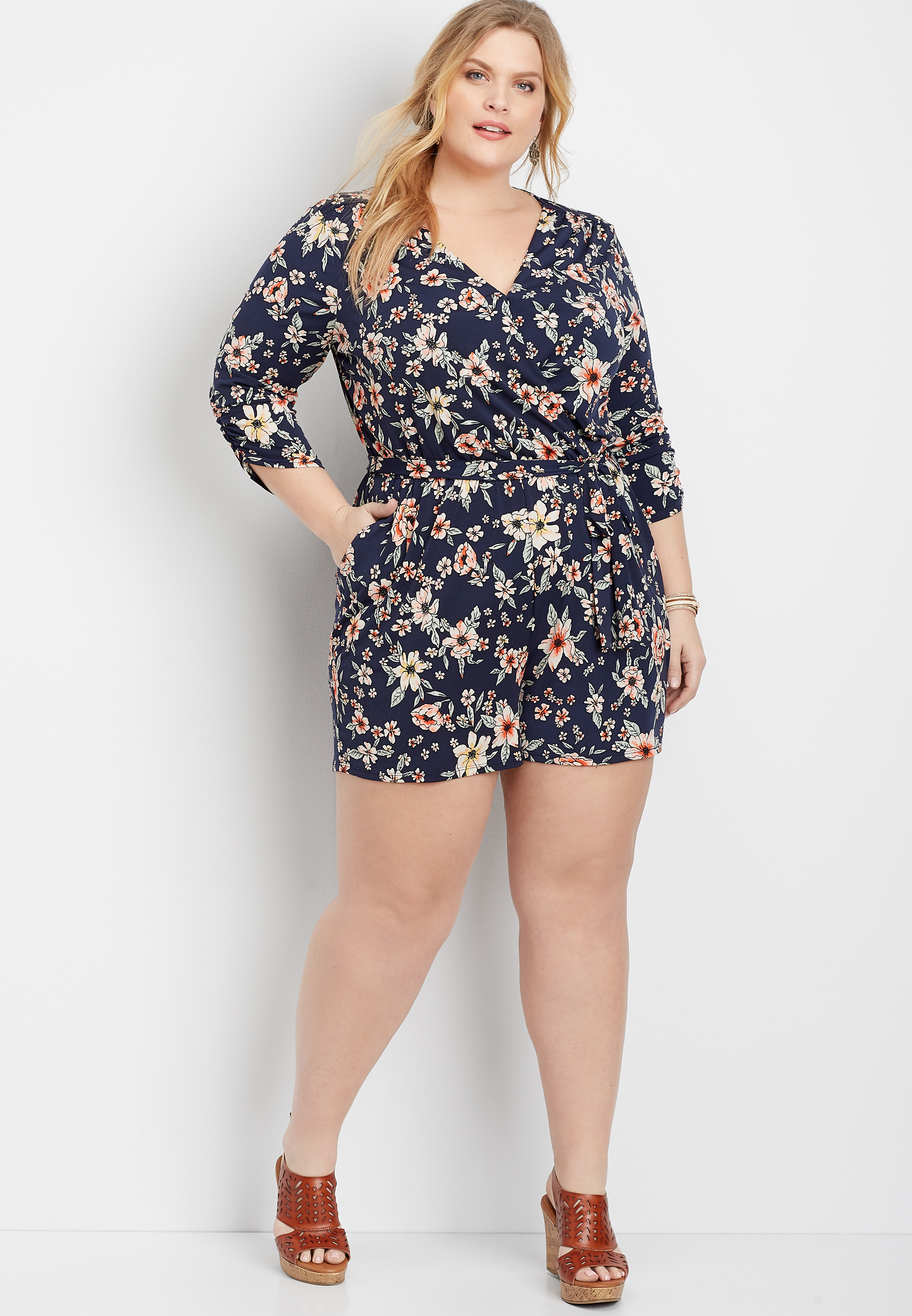 Plus Size Floral Front Tie Pocket Romper | maurices