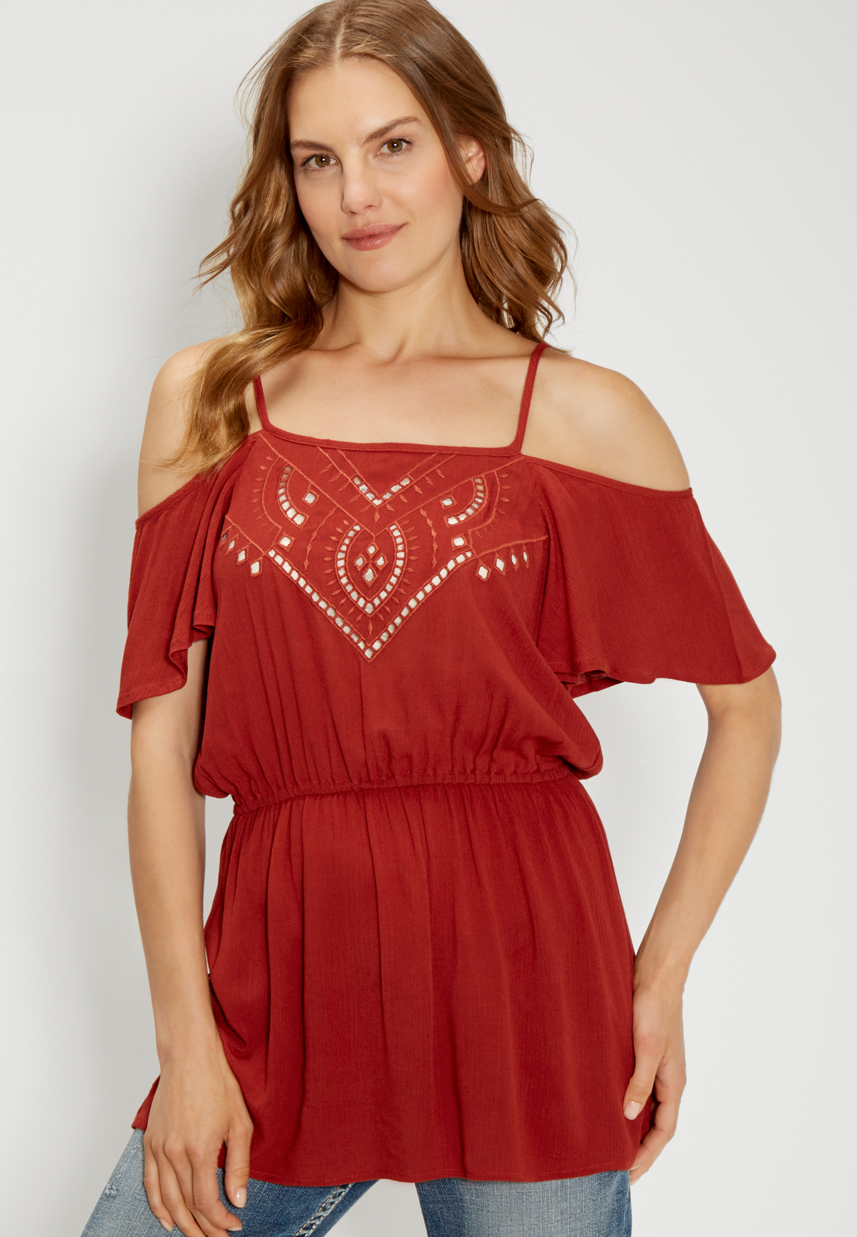 cold shoulder top with open embroidered design | maurices
