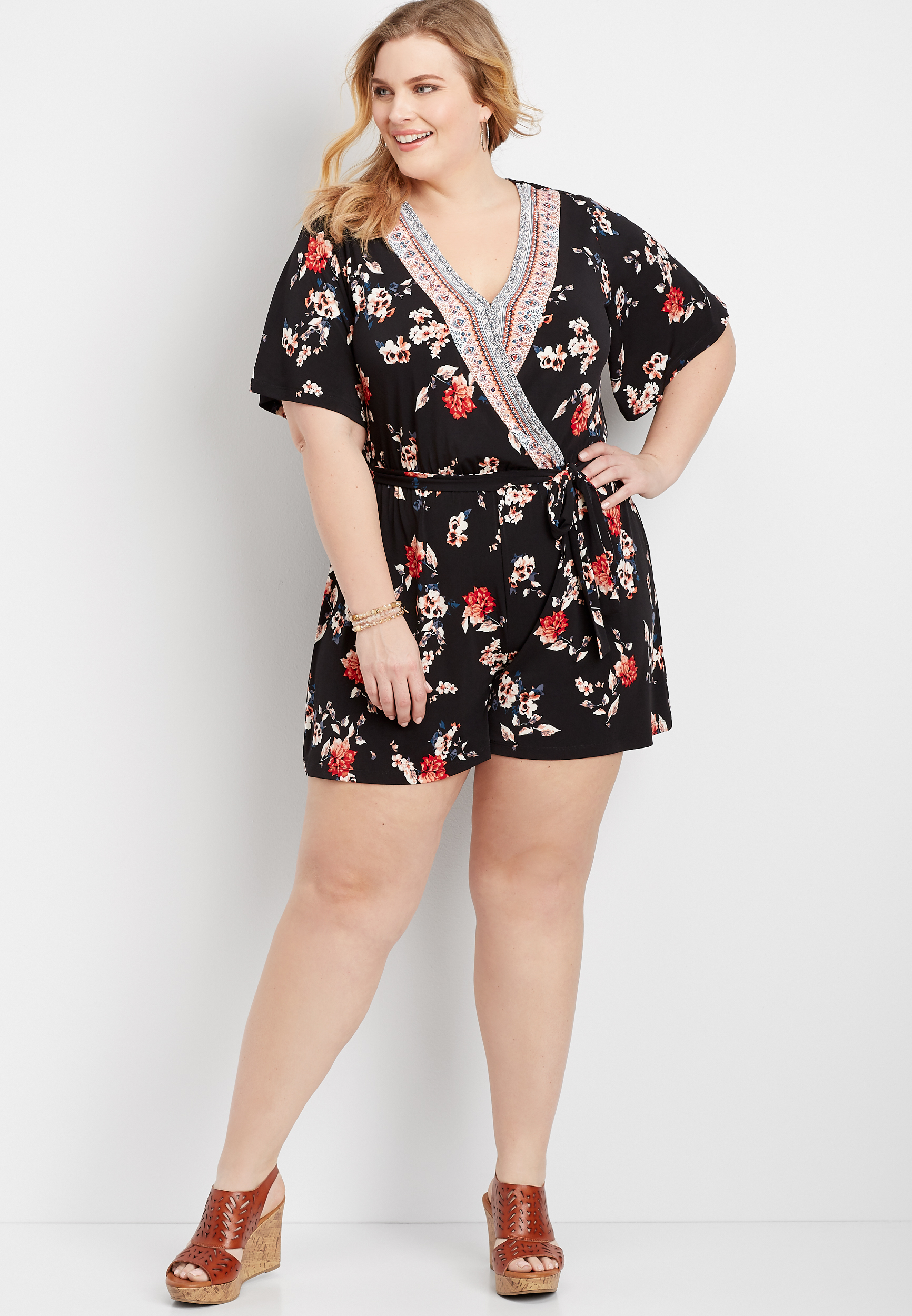 Plus Size Black Floral V Neck Romper | maurices