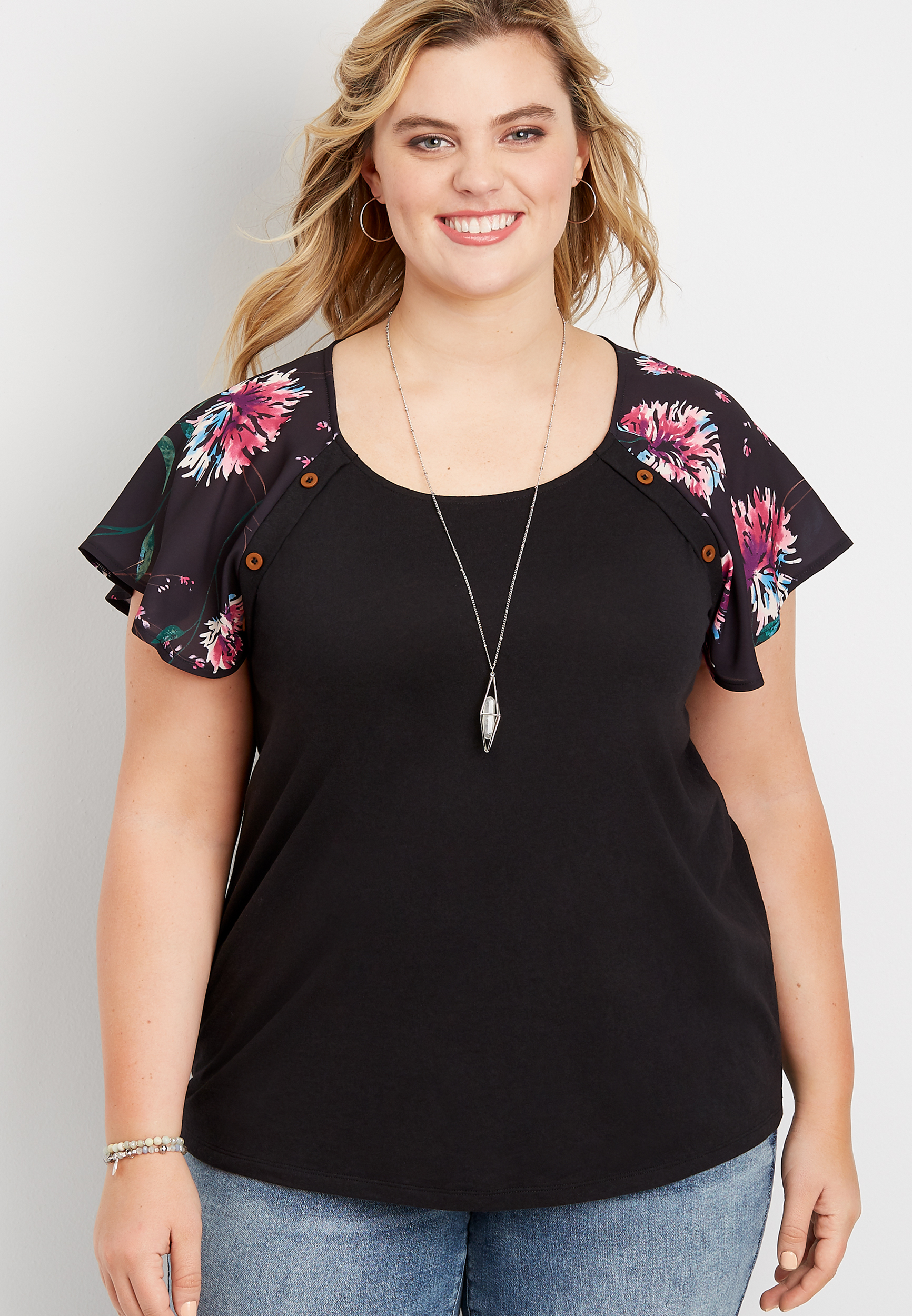 Plus Size Black Floral Button Shoulder Top | maurices