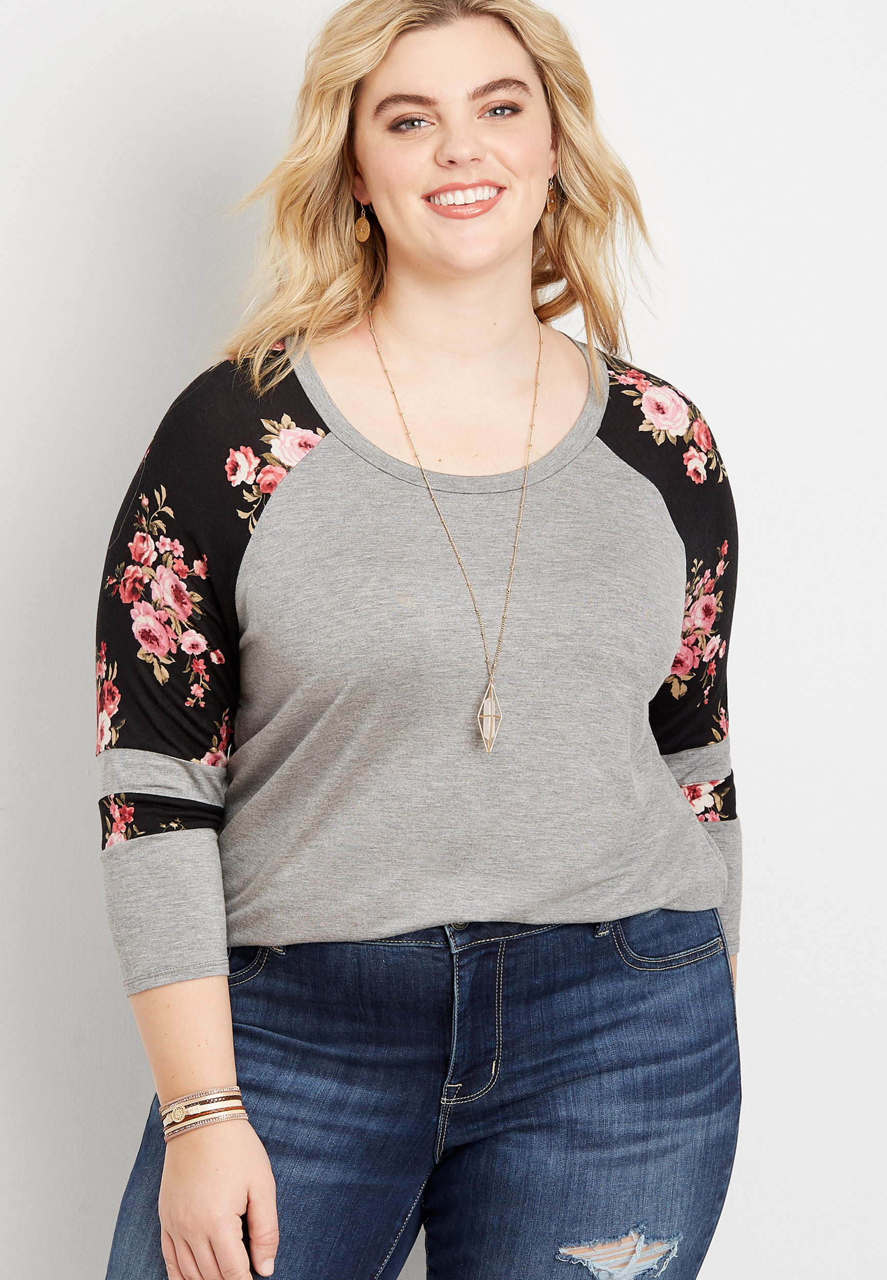 Plus Size 24/7 Floral Blocked Baseball Tee | maurices