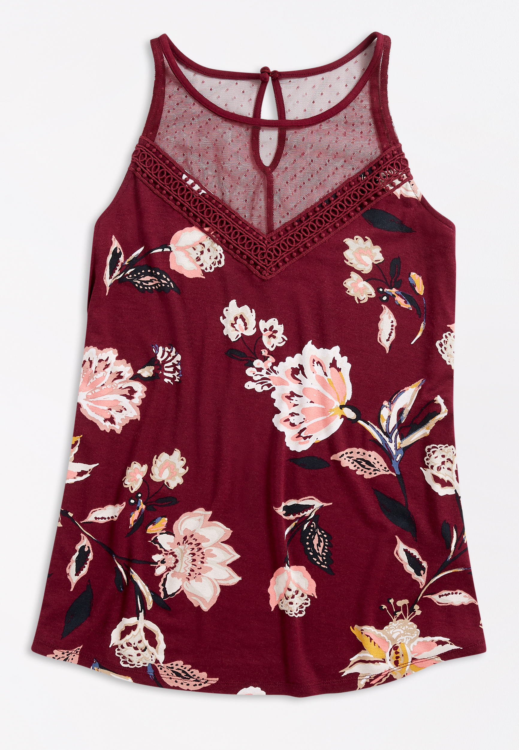 Red Floral Mesh Dot Crochet Trim Halter Neck Tank Top | maurices