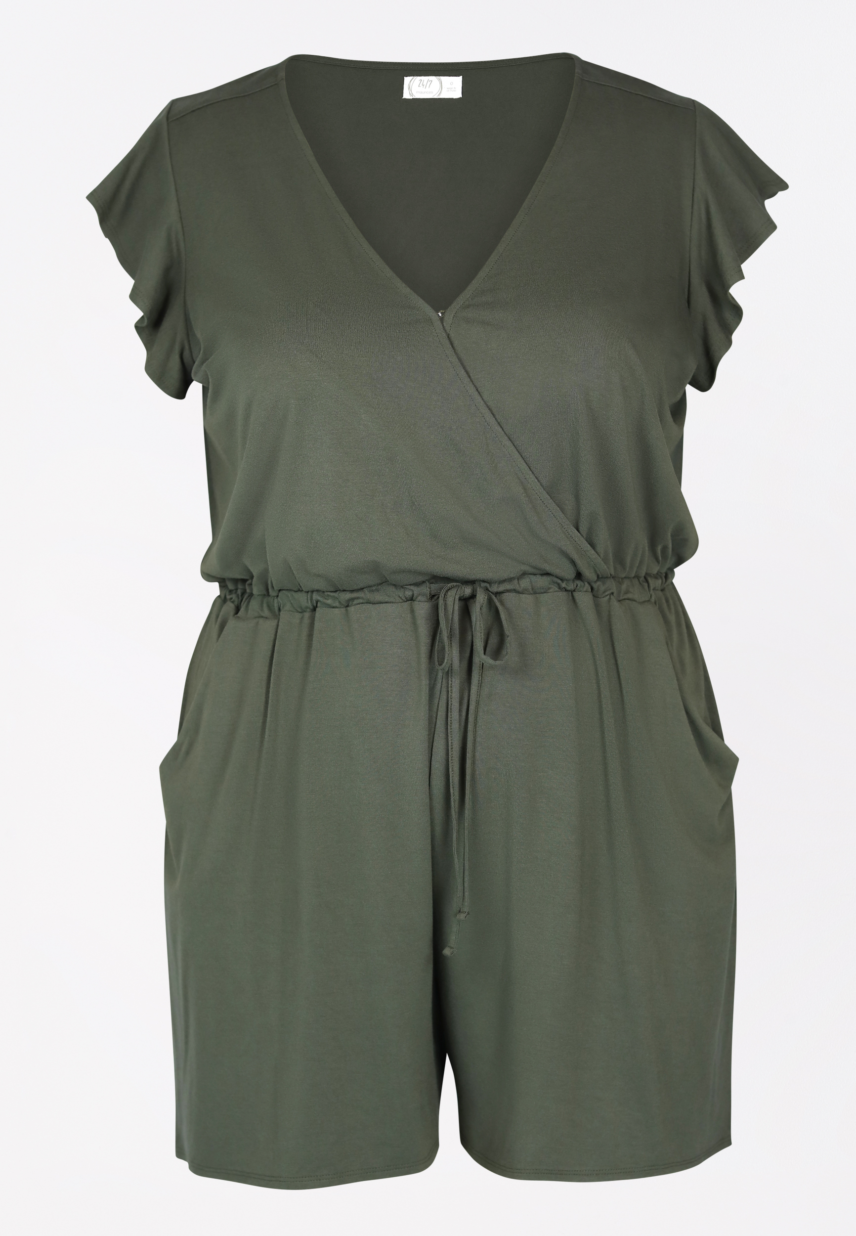 Plus Size Olive V Neck Flutter Sleeve Romper | maurices