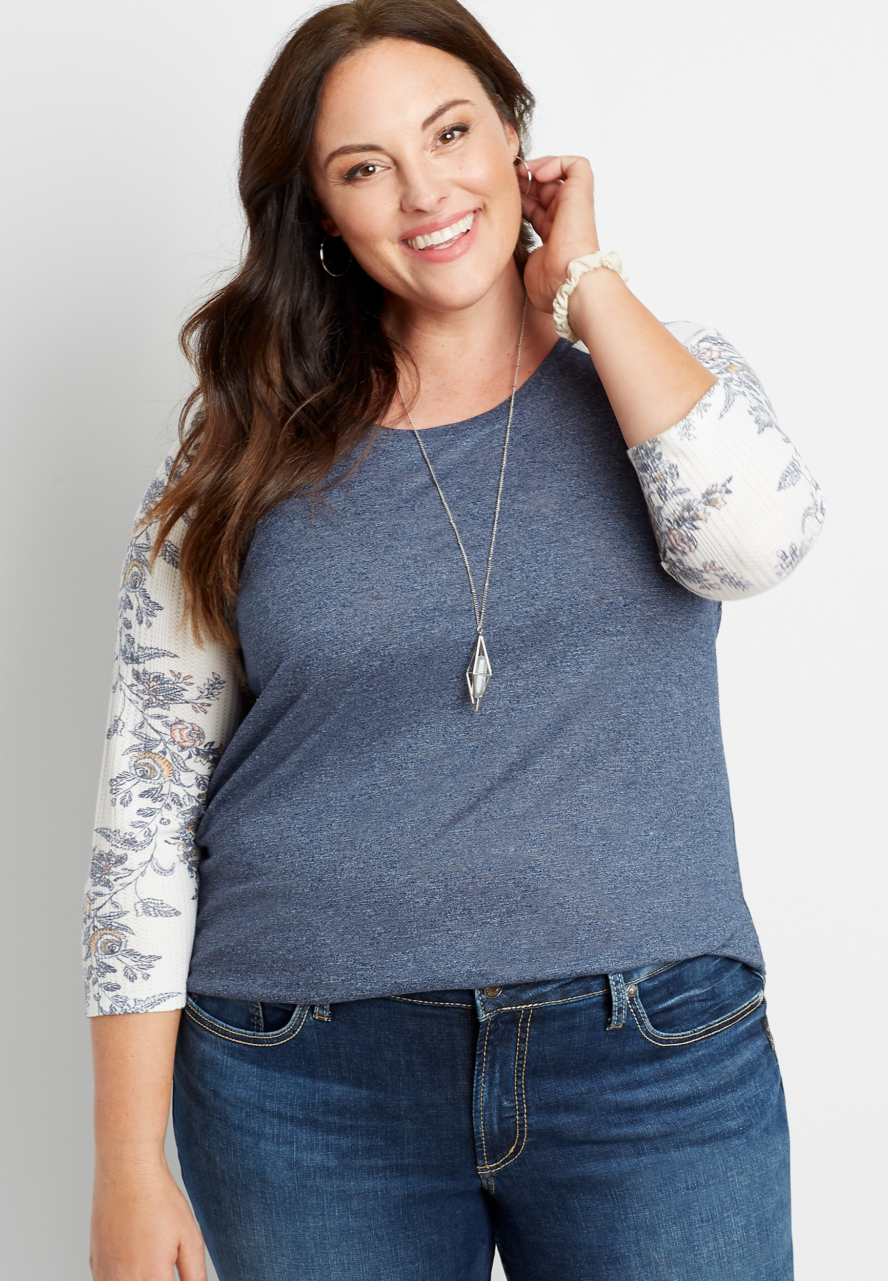 Plus Size 24/7 Blue Floral Sleeve Baseball Tee | maurices