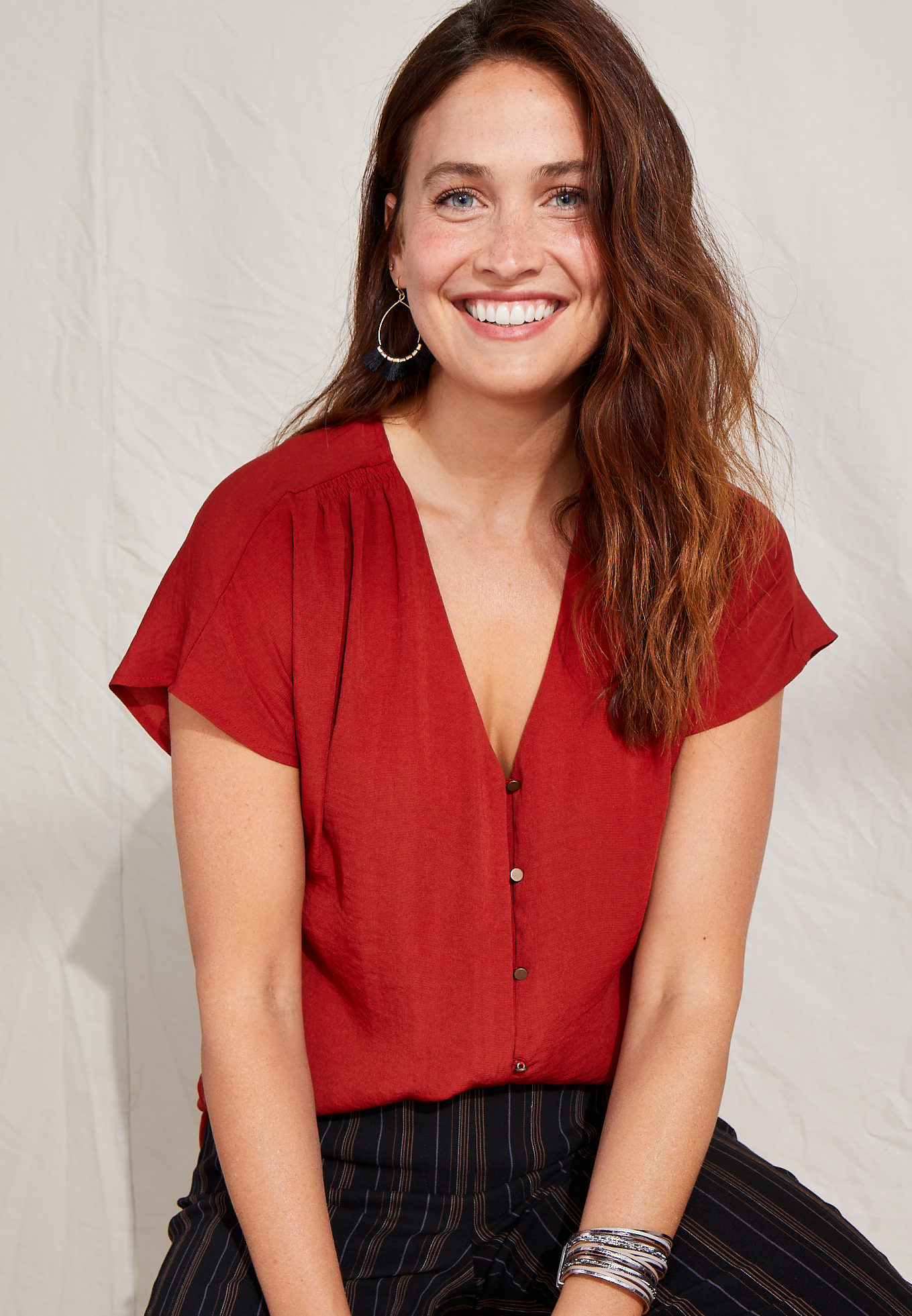 Red Button Down Short Sleeve Blouse | maurices