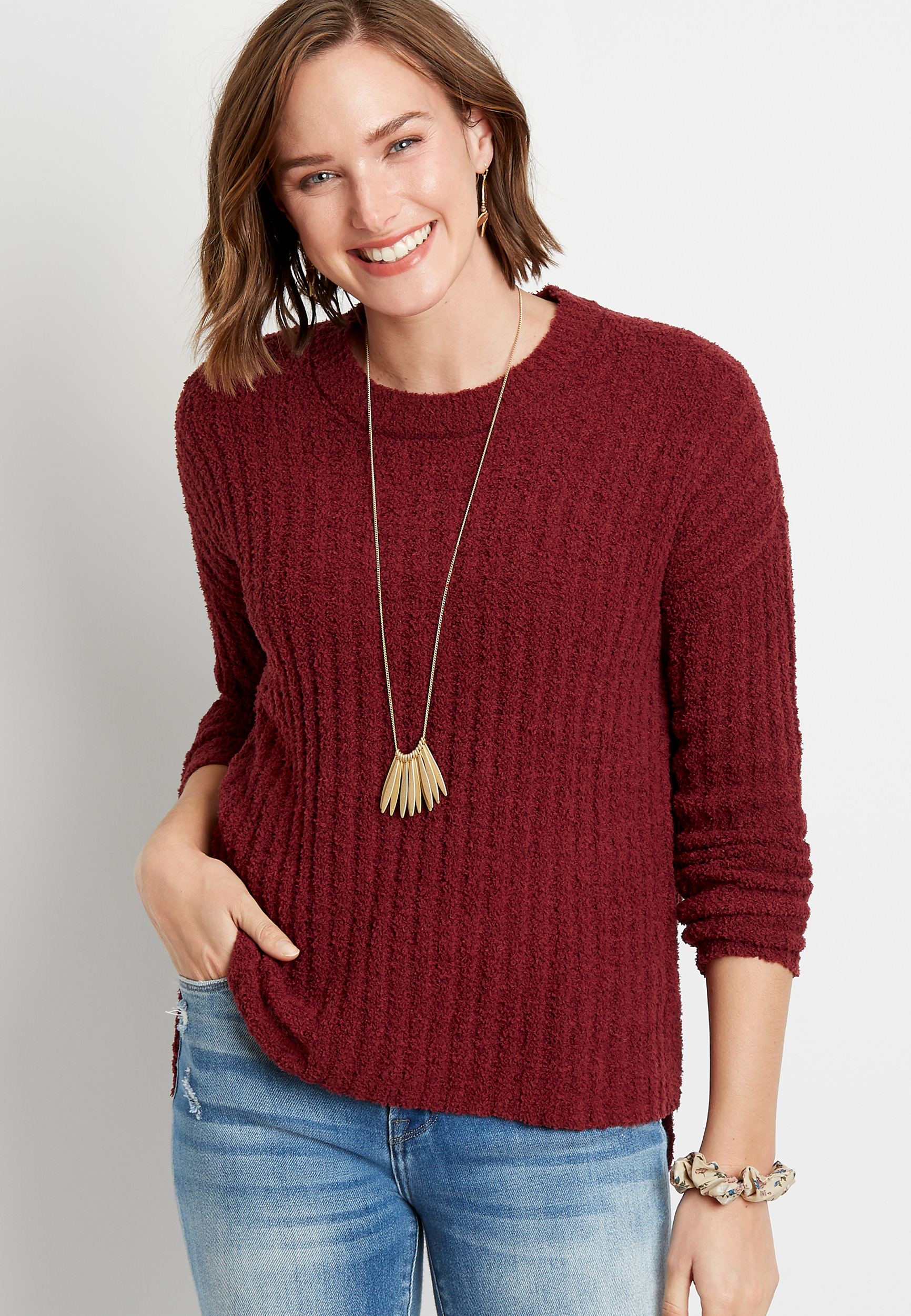 Solid Teddy Step Hem Pullover Sweater | maurices