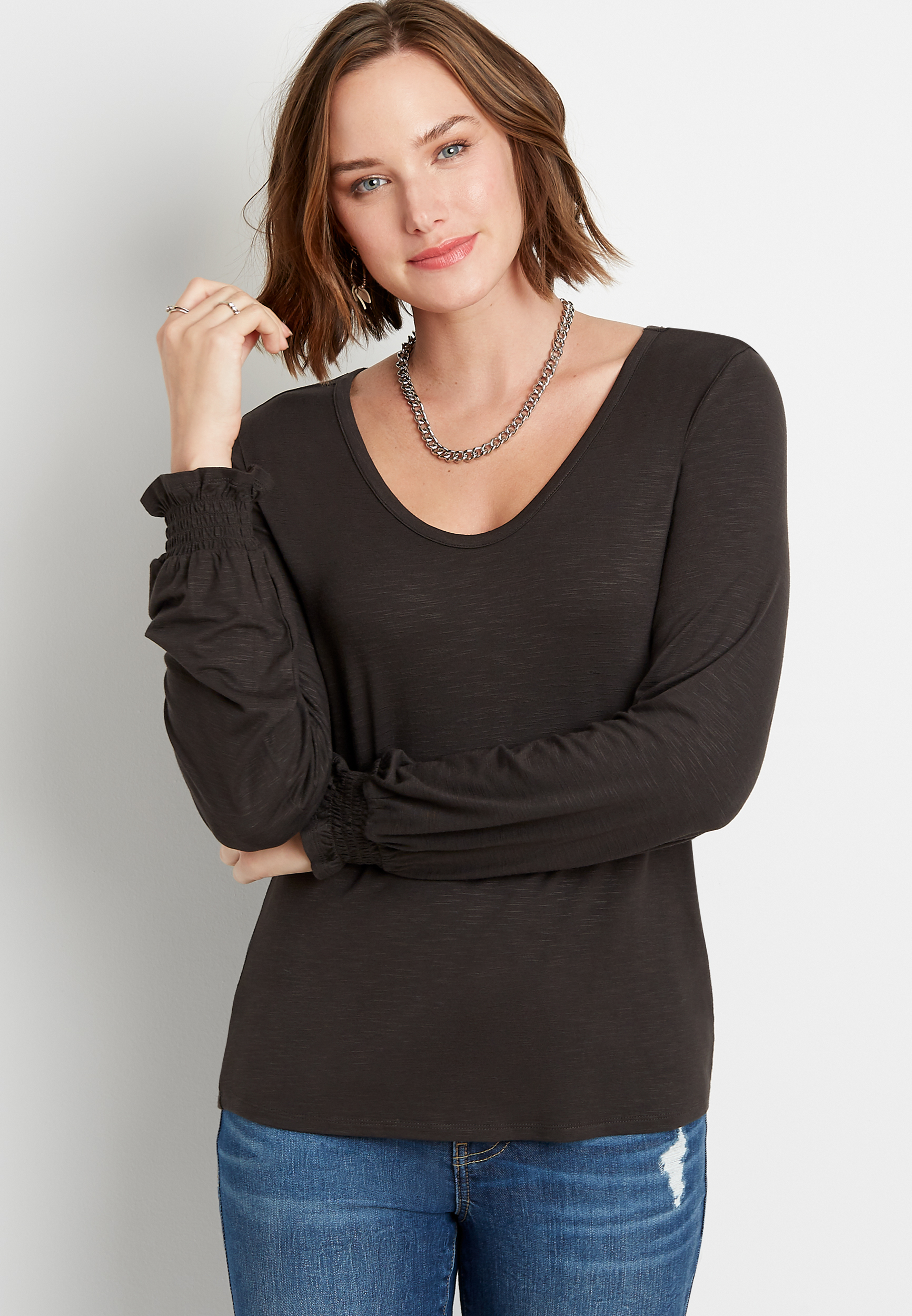 24/7 Solid Long Flutter Sleeve Tuck In Tee | maurices