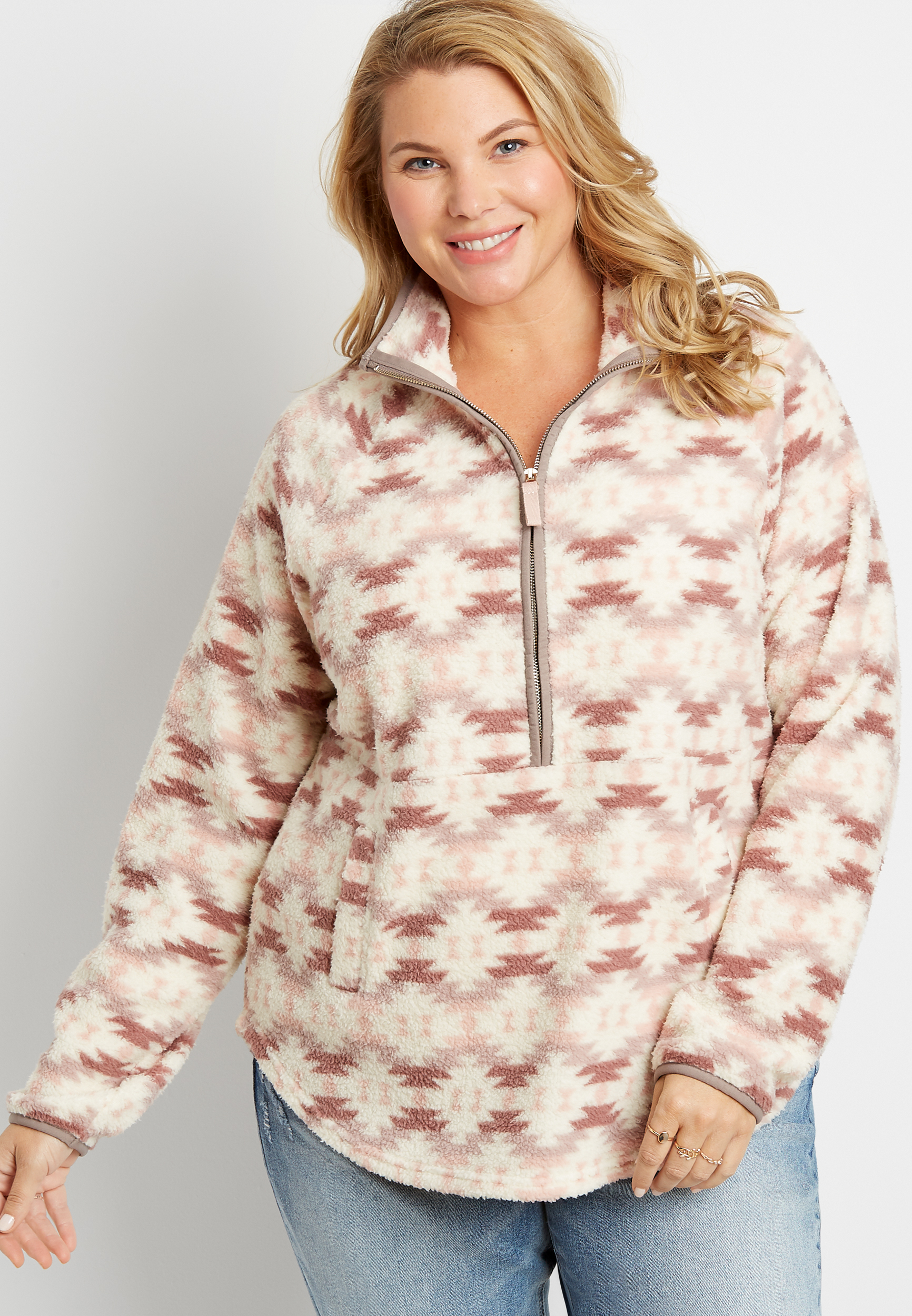 Plus Size Geometric Pattern Sherpa Pullover Sweatshirt | maurices