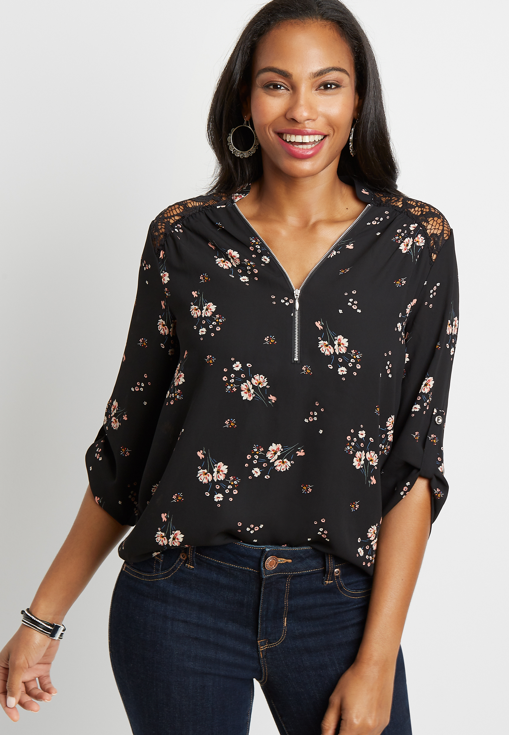 Black Floral Zipper Front Lace Back Blouse | maurices