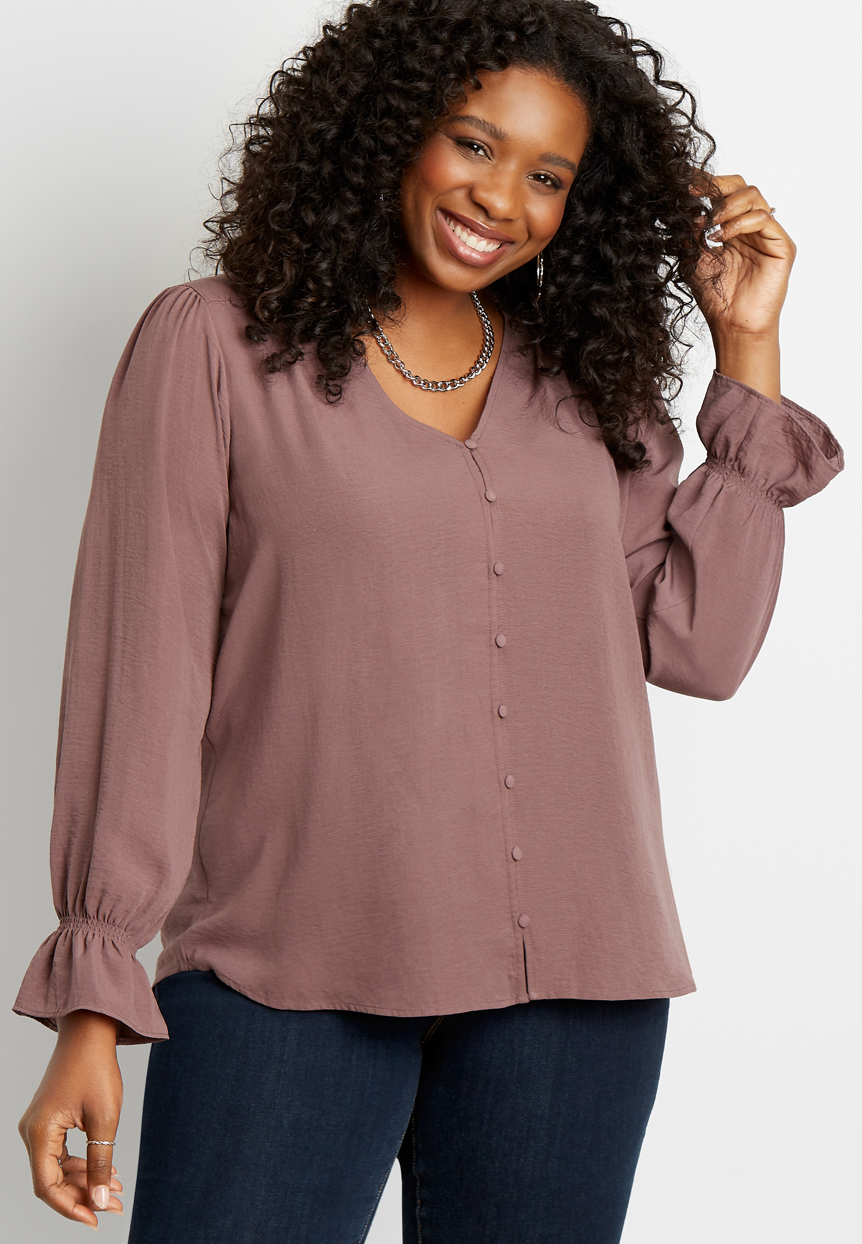 Plus Size Solid Button Front Flutter Sleeve Blouse | maurices