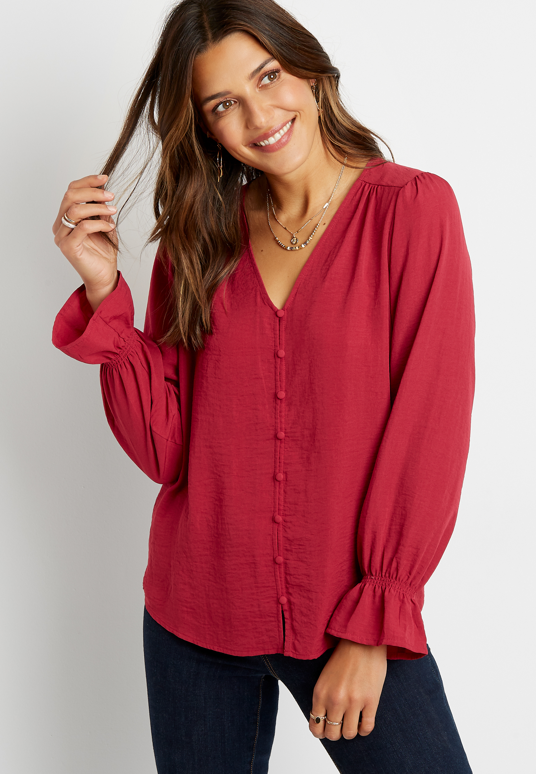 Solid Button Front Flutter Sleeve Blouse | maurices