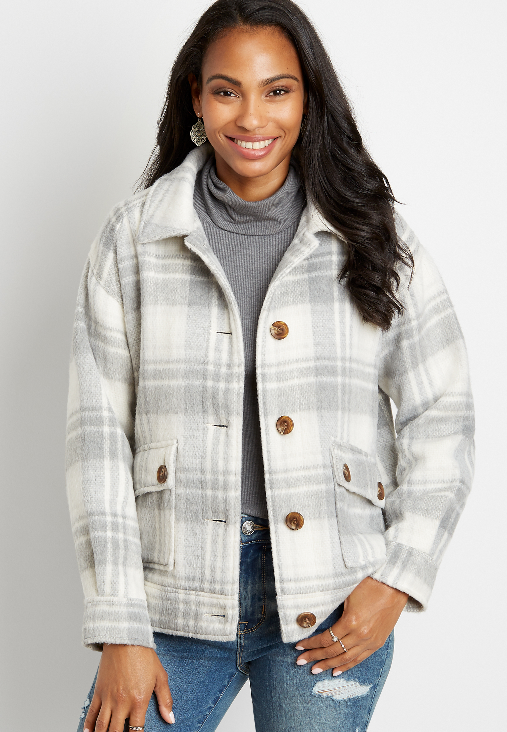 Gray Plaid Button Down Jacket | maurices