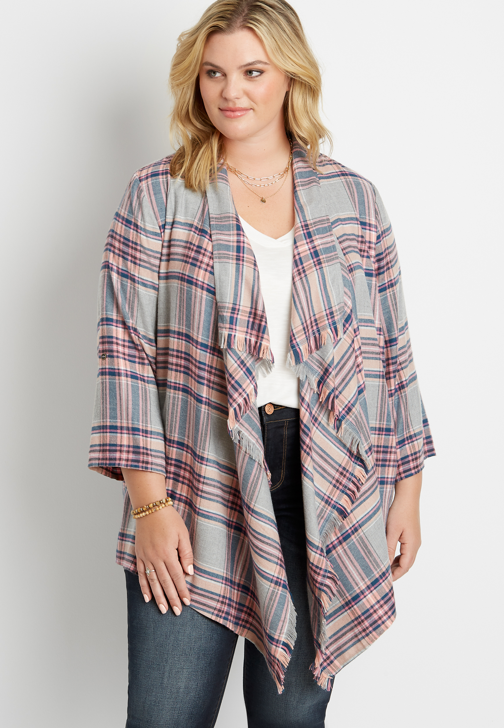 Plus Size Heather Gray Plaid Roll Tab Sleeve Kimono | maurices