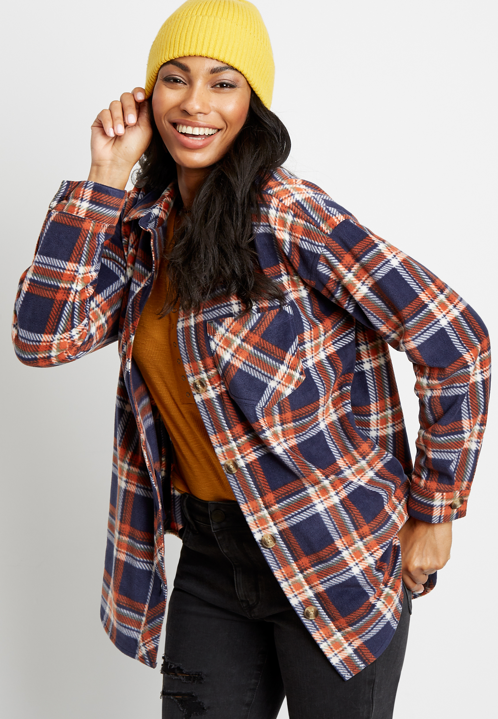 Blue Plaid Fleece Button Down Long Sleeve Oversized Shacket | maurices