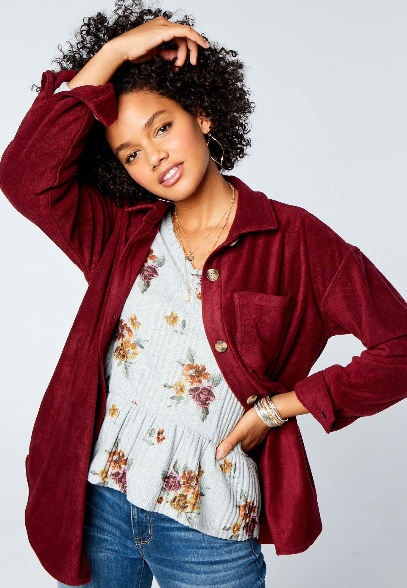 Berry Fleece Button Down Long Sleeve Oversized Shacket | maurices